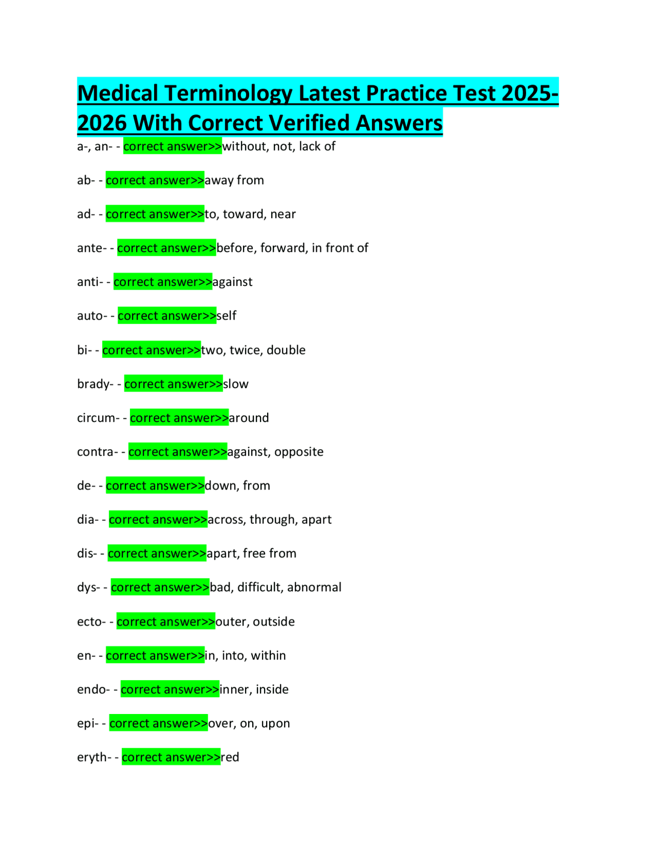 Medical Terminology Latest Practice Test 2025-2026 With Correct ...