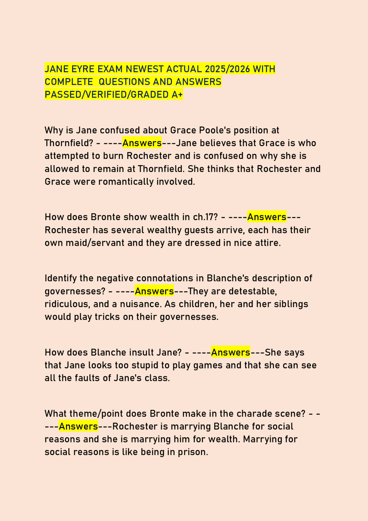 JANE EYRE EXAM NEWEST ACTUAL 2025/2026 WITH COMPLETE QUESTIONS AND ...