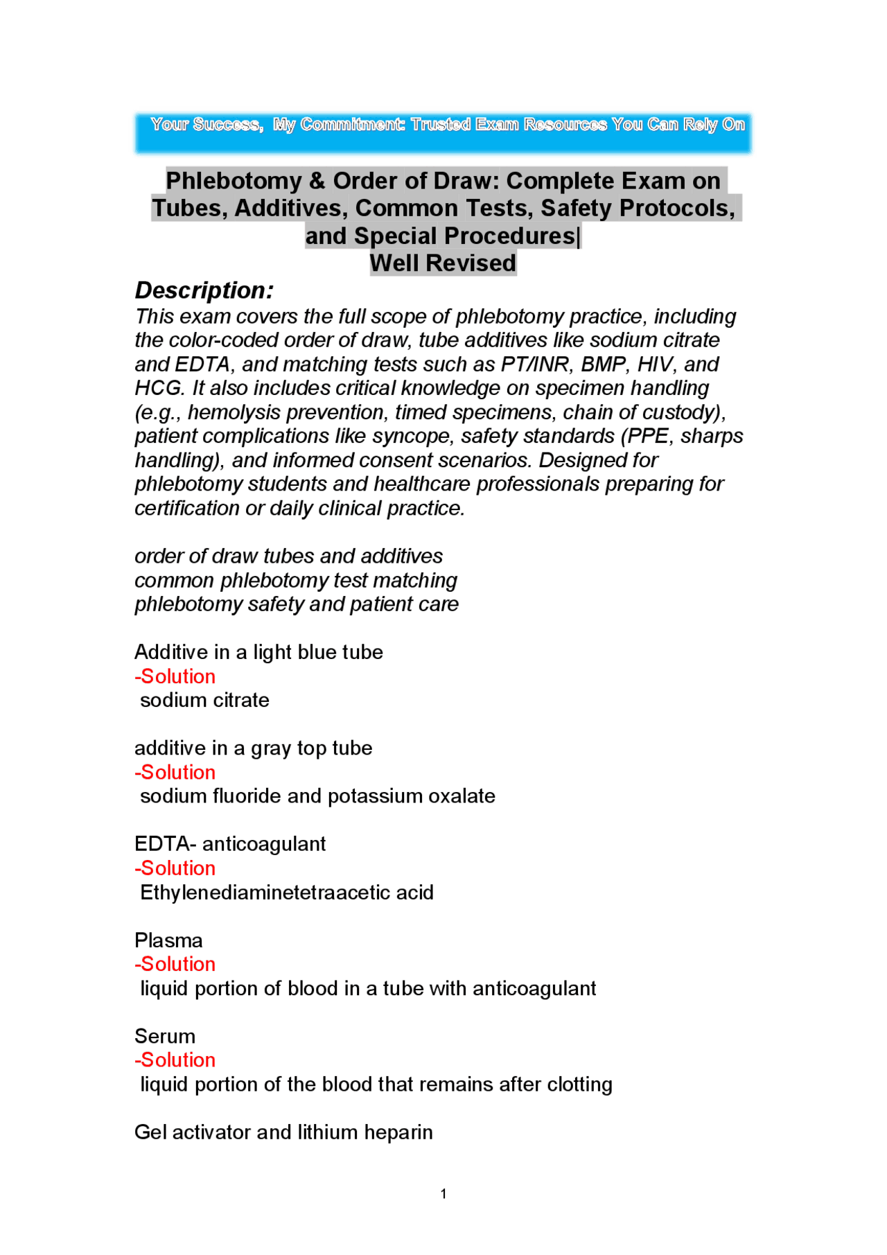 Phlebotomy & Order of Draw: Complete Exam on Tubes, Additives, Common ...