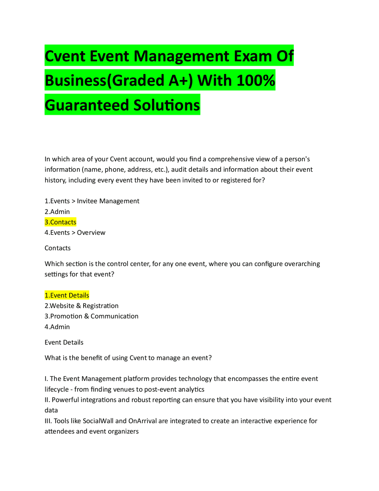 Cvent Event Management Exam Of Business(Graded A+) With 100% Guaranteed ...