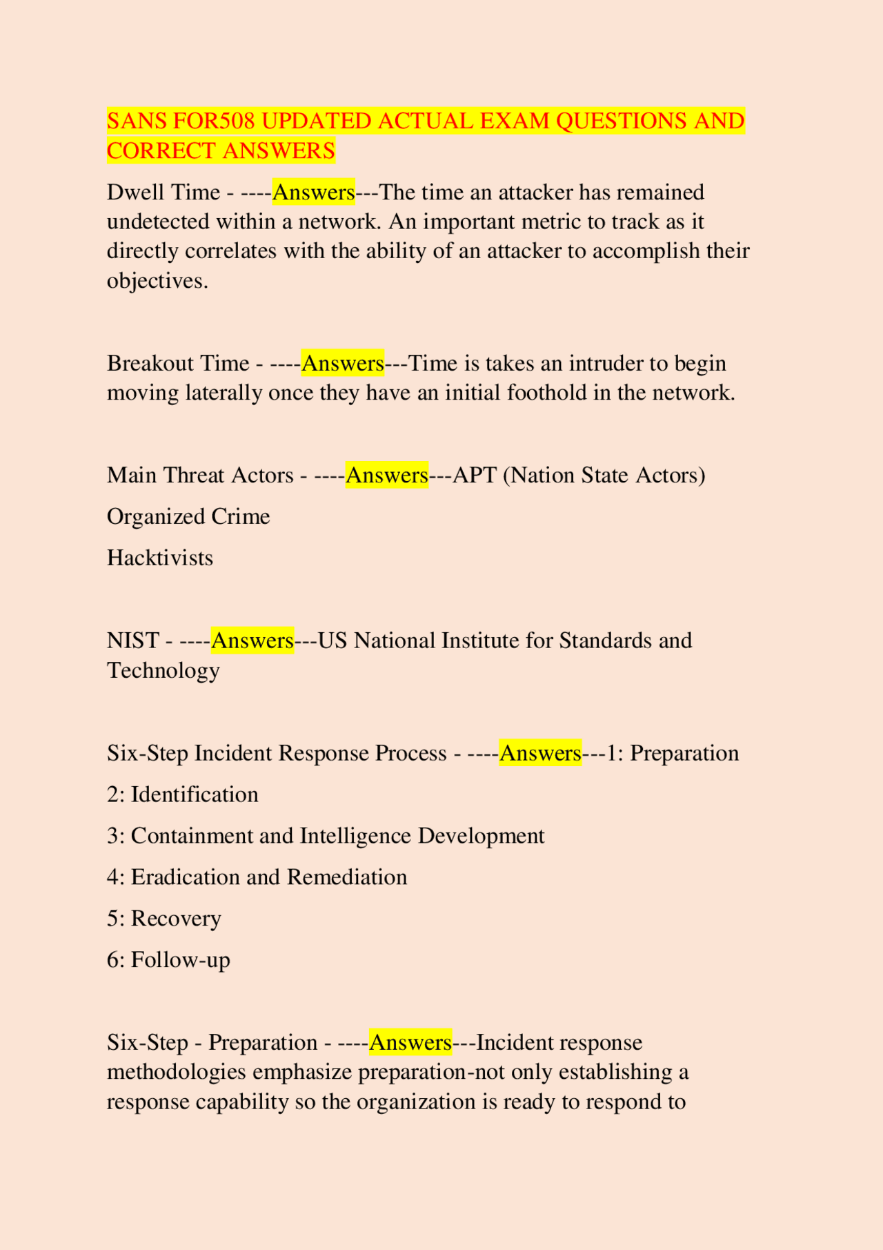 SANS FOR508 UPDATED ACTUAL EXAM QUESTIONS AND CORRECT ANSWERS | Exams ...