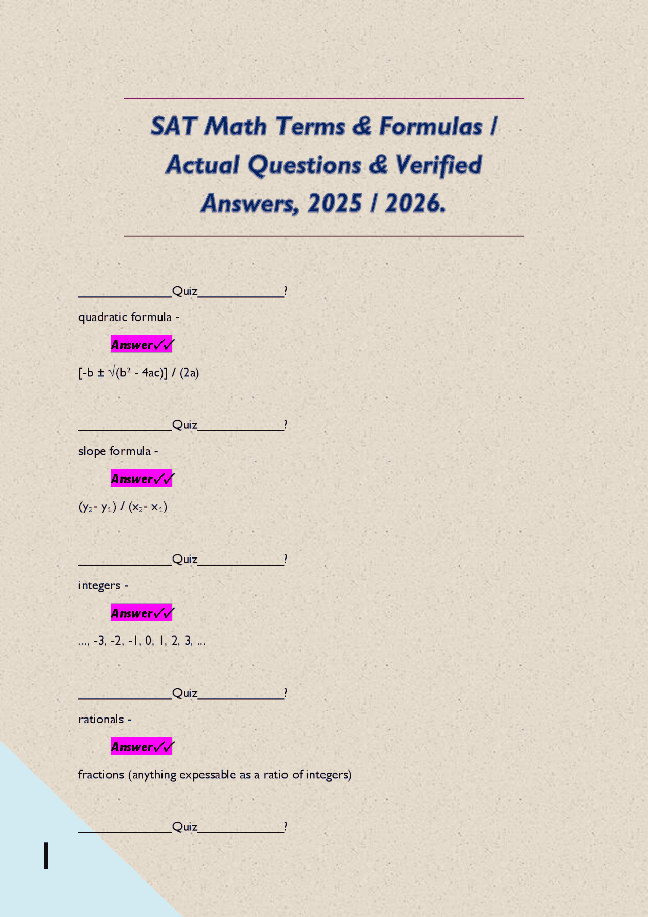 SAT Math Terms & Formulas / Actual Questions & Verified Answers, 2025 / ...