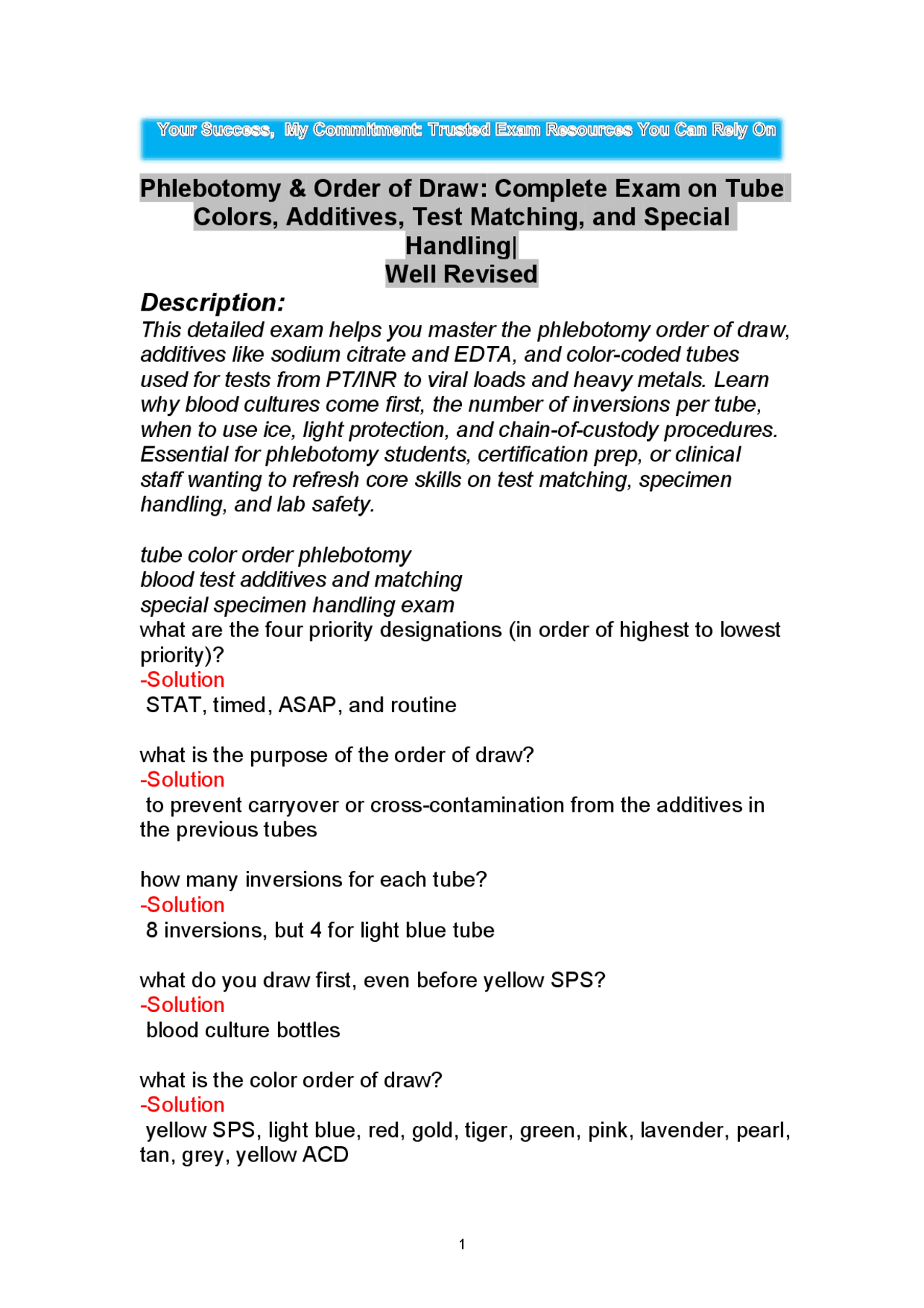 Phlebotomy & Order of Draw: Complete Exam on Tube Colors, Additives ...