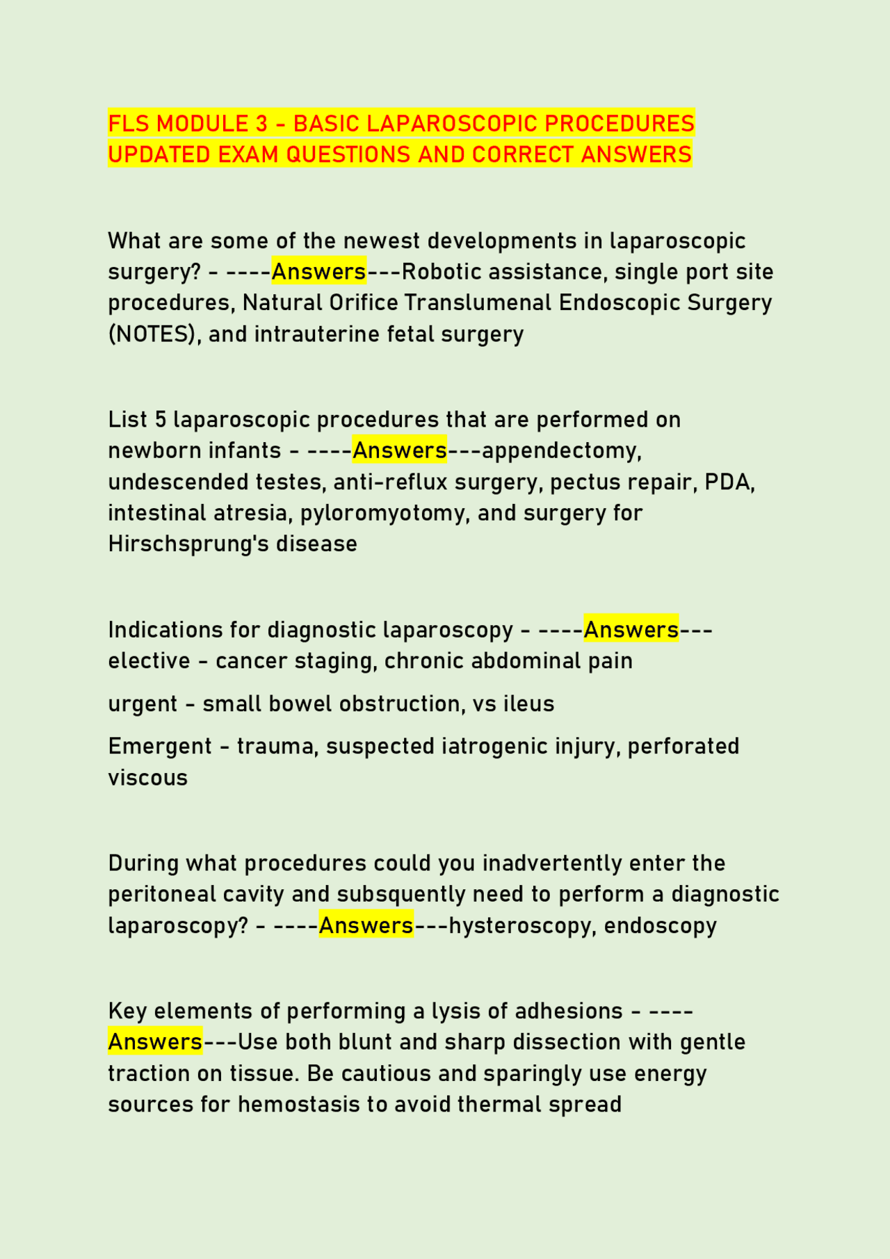 FLS MODULE 3 - BASIC LAPAROSCOPIC PROCEDURES UPDATED EXAM QUESTIONS AND ...