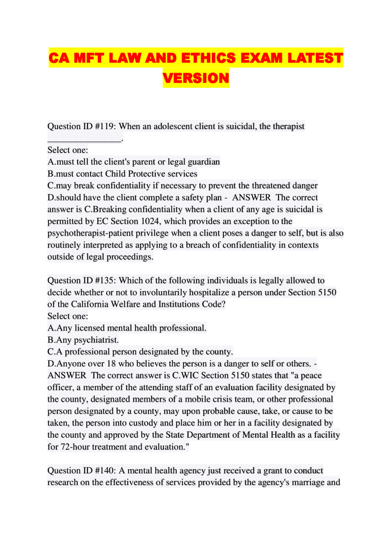 CA MFT LAW AND ETHICS EXAM LATEST VERSION | Exams Nursing | Docsity
