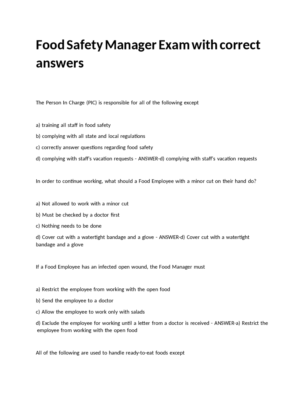 Food Safety Manager Exam with correct answers | Exams Food science ...