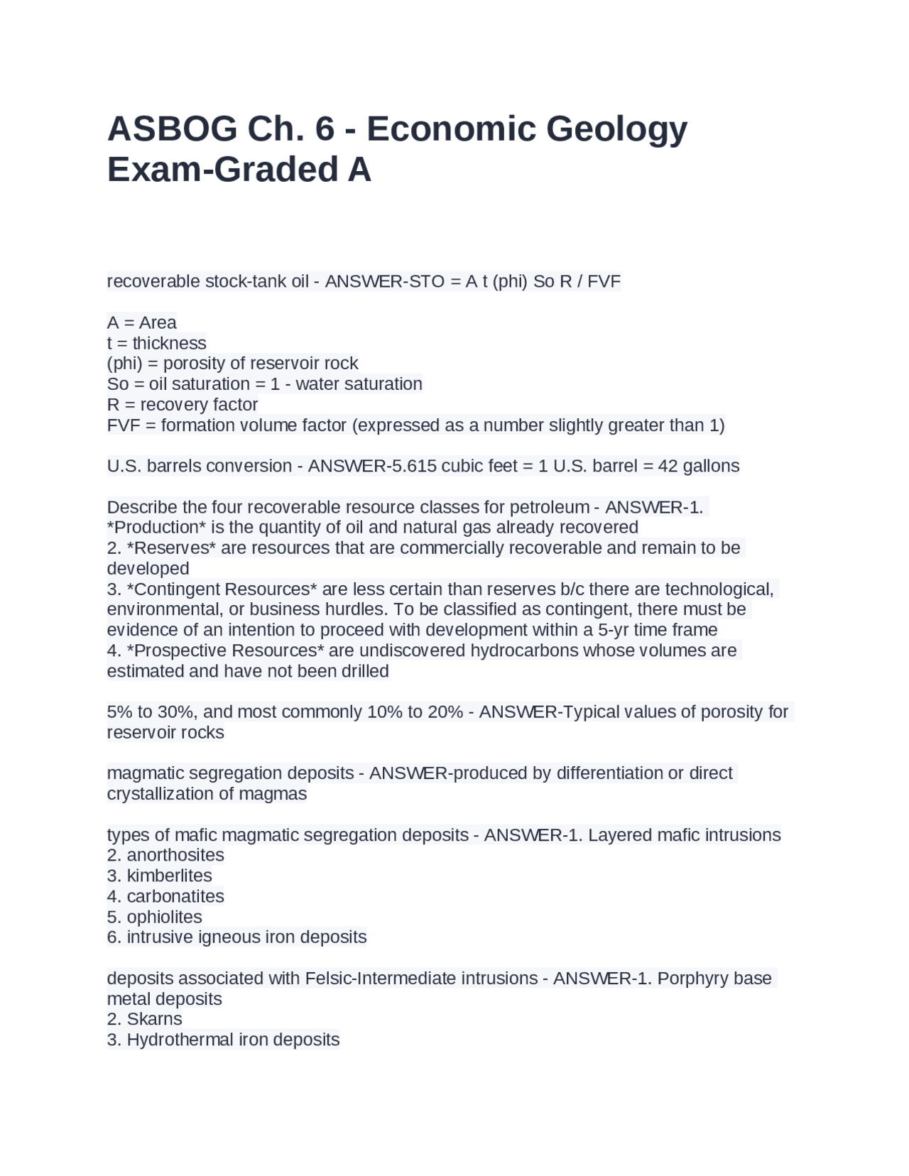 ASBOG Ch. 6 - Economic Geology Exam-Graded A | Exams Advanced Education ...