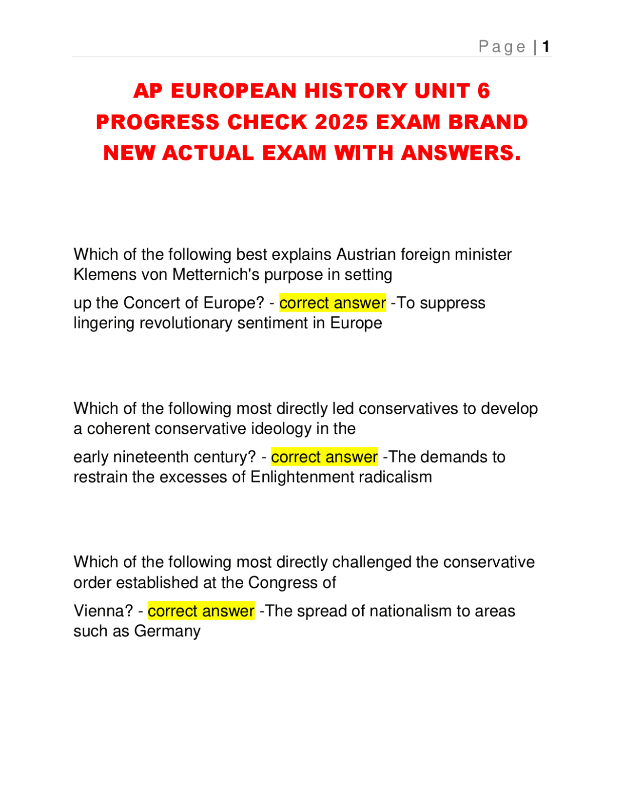AP EUROPEAN HISTORY UNIT 6 PROGRESS CHECK 2025 EXAM BRAND NEW ACTUAL ...