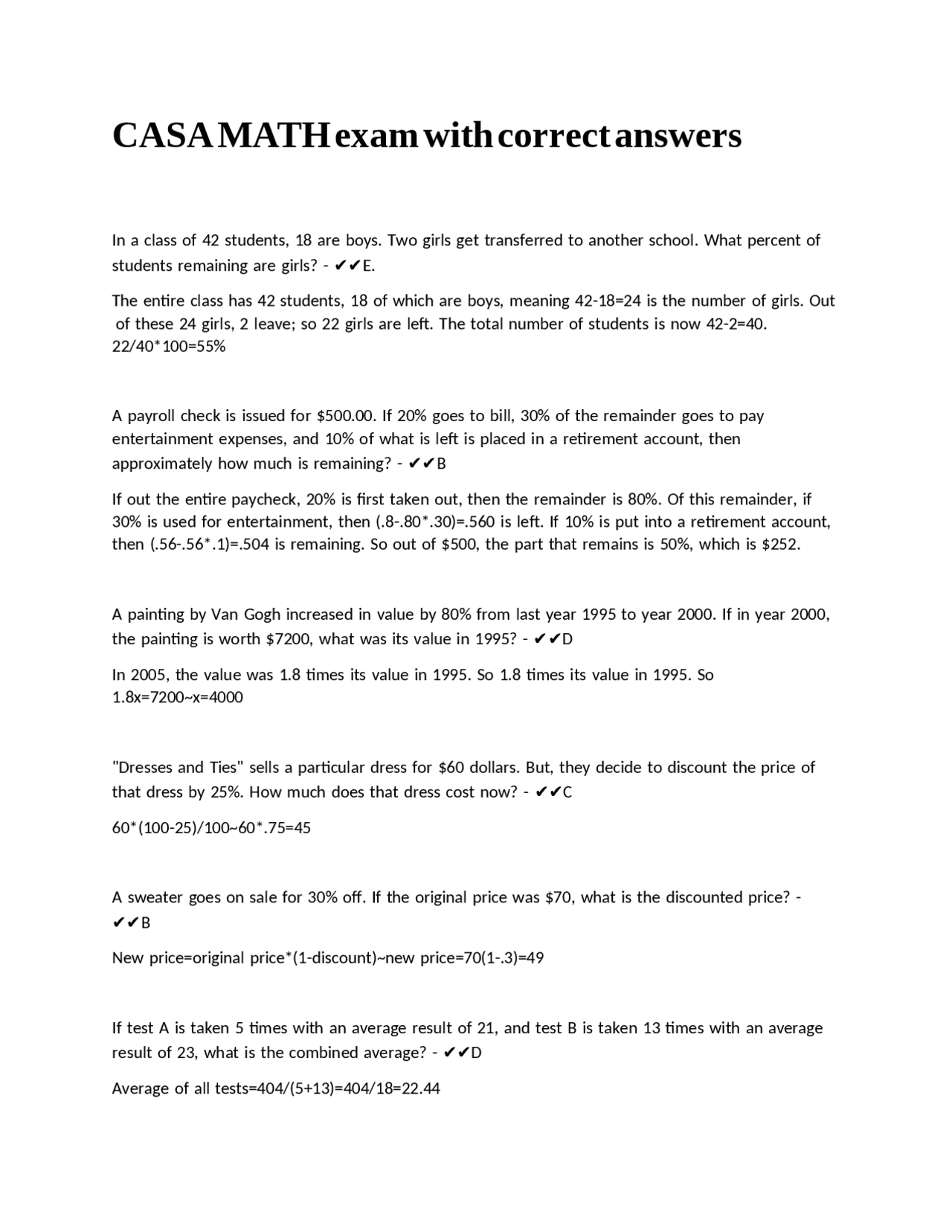 CASA MATH exam with correct answers | Exams Nursing | Docsity