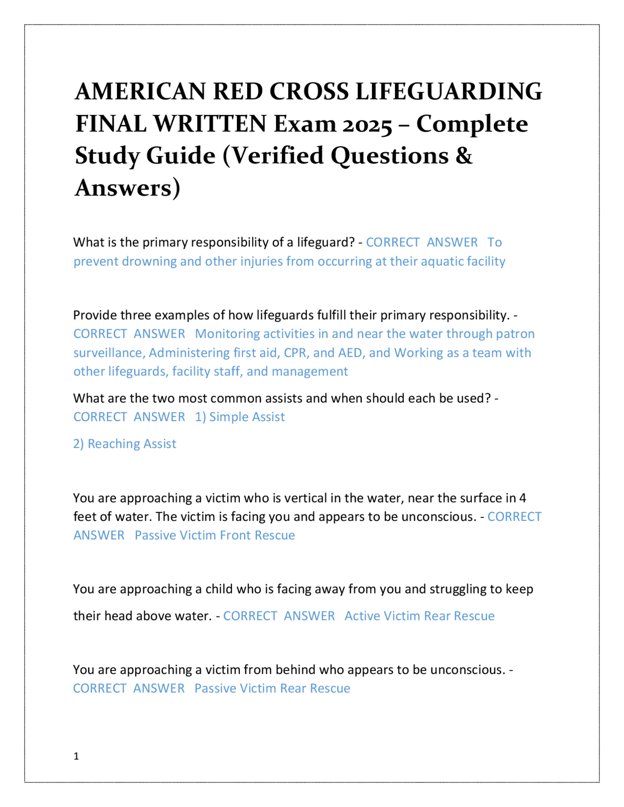 American Red Cross Lifeguarding Final Written Exam 2025 – Complete ...