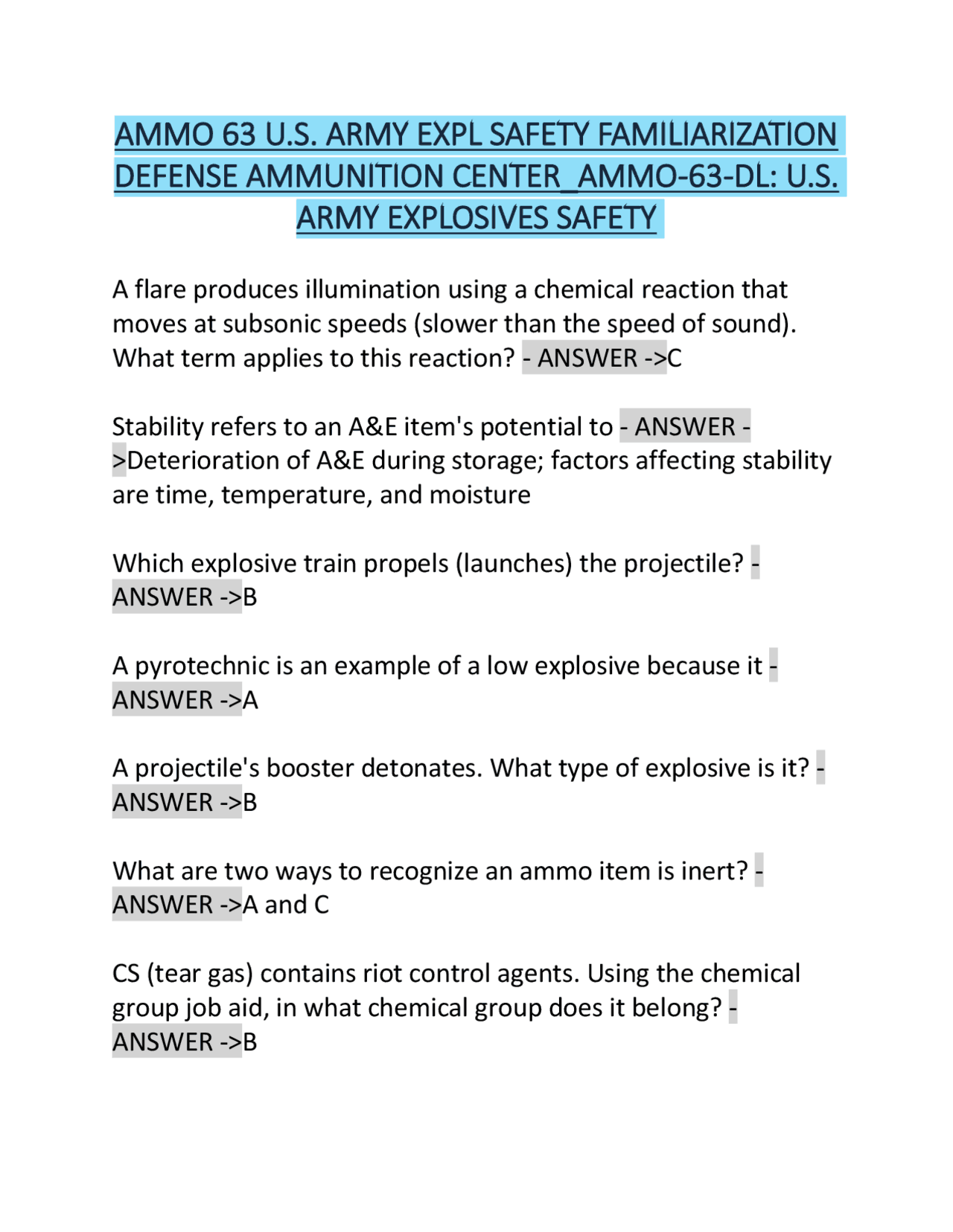 U.S. Army Explosives Safety: AMMO 63 Familiarization | Exams Nursing ...