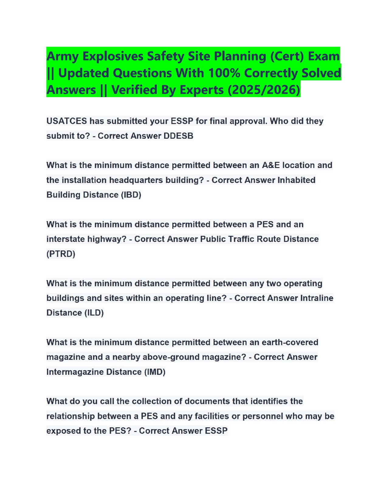 Army Explosives Safety Site Planning (Cert) Exam || Updated Questions ...