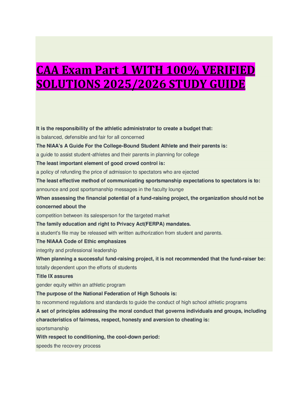 CAA Exam Part 1 WITH 100% VERIFIED SOLUTIONS 2025/2026 STUDY GUIDE ...