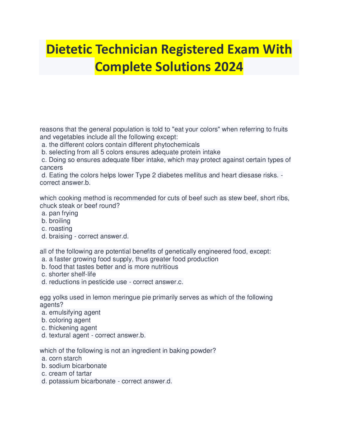 Dietetic Technician Registered Exam With Complete Solutions 2024 ...