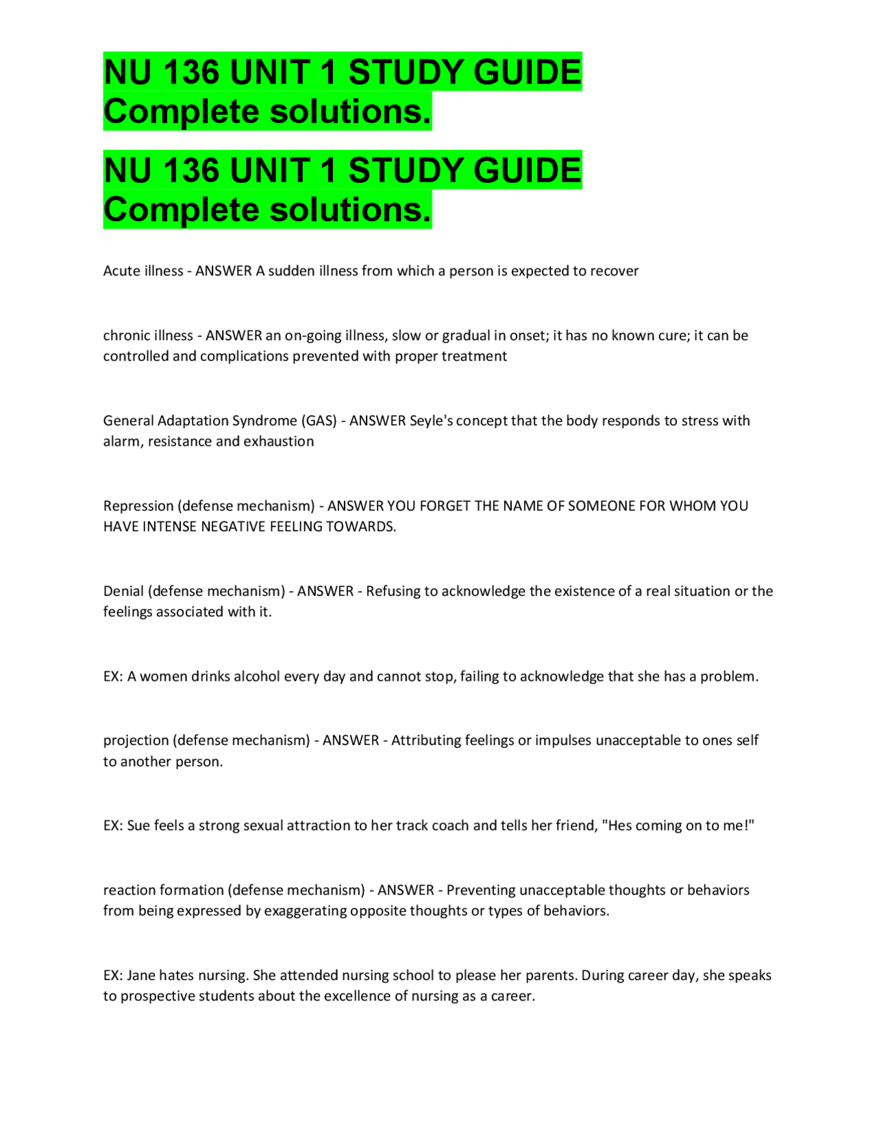 NU 136 UNIT 1 STUDY GUIDE Complete solutions. | Exams Nursing | Docsity
