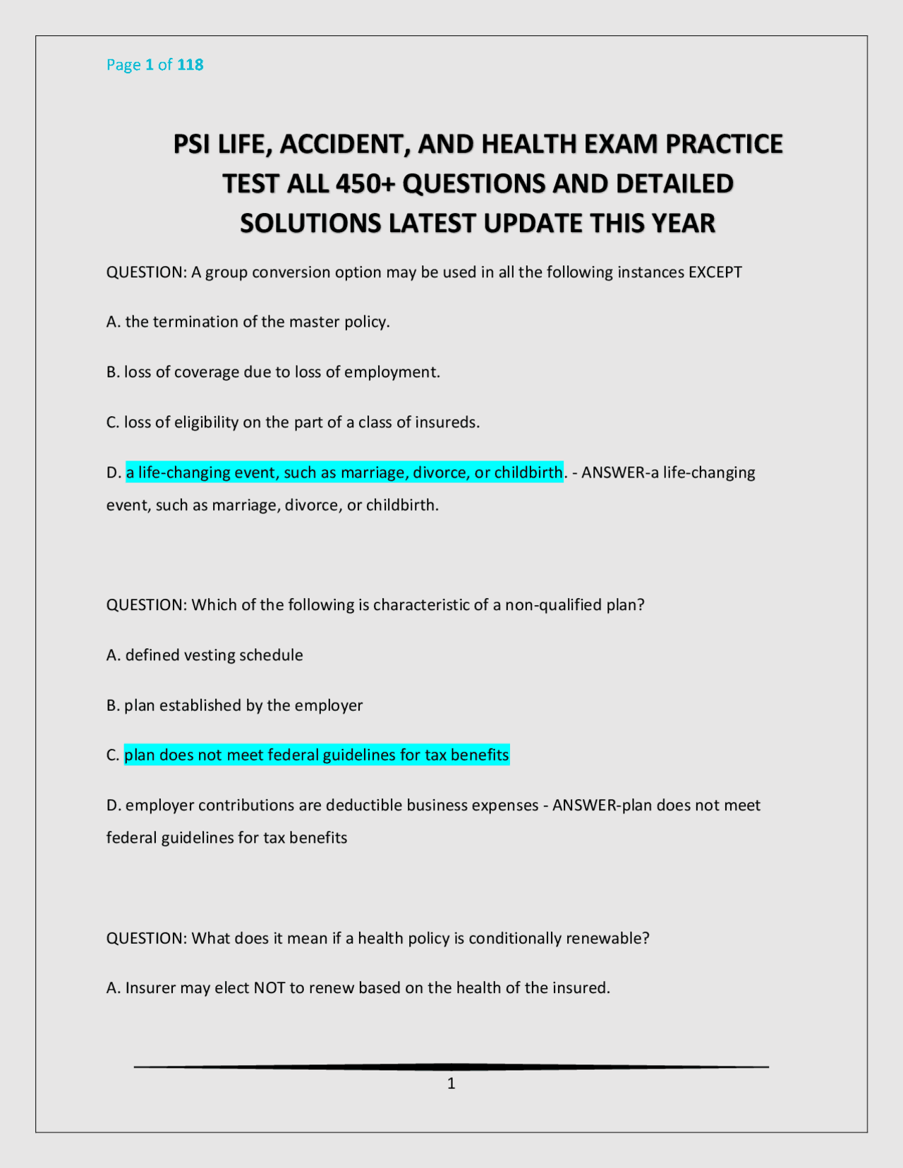 PSI LIFE, ACCIDENT, AND HEALTH EXAM PRACTICE TEST ALL 450+ QUESTIONS ...