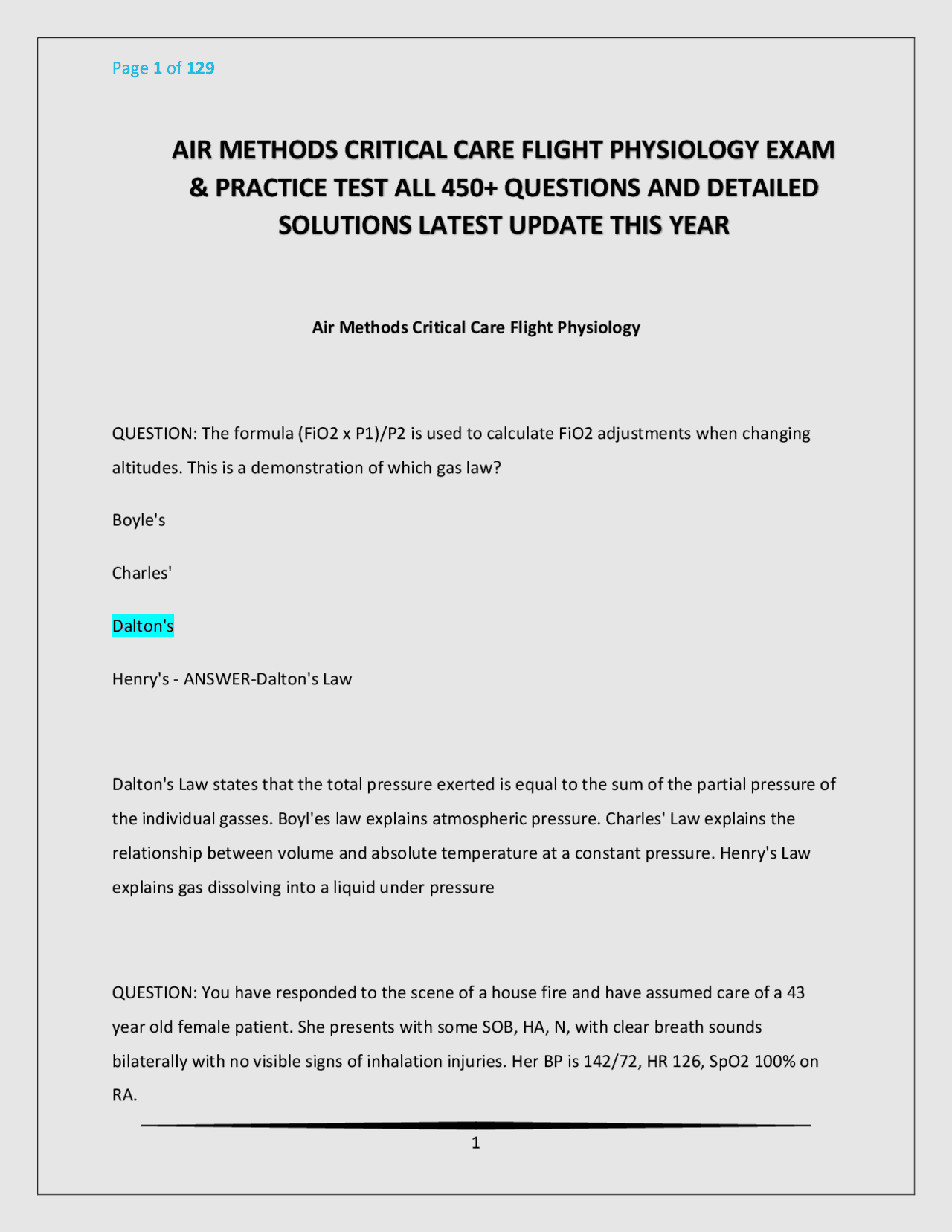 AIR METHODS CRITICAL CARE FLIGHT PHYSIOLOGY EXAM & PRACTICE TEST ALL ...