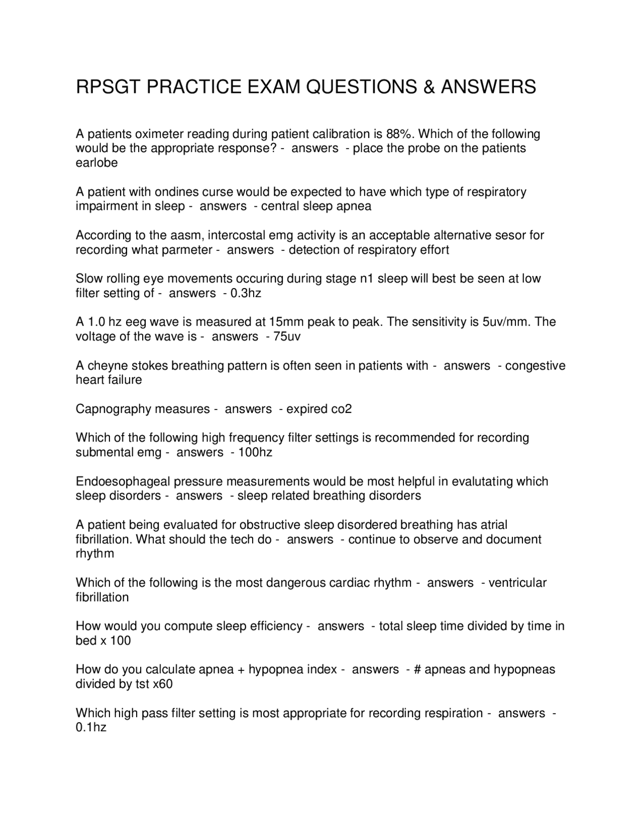 RPSGT PRACTICE EXAM QUESTIONS & ANSWERS | Exams Nursing | Docsity