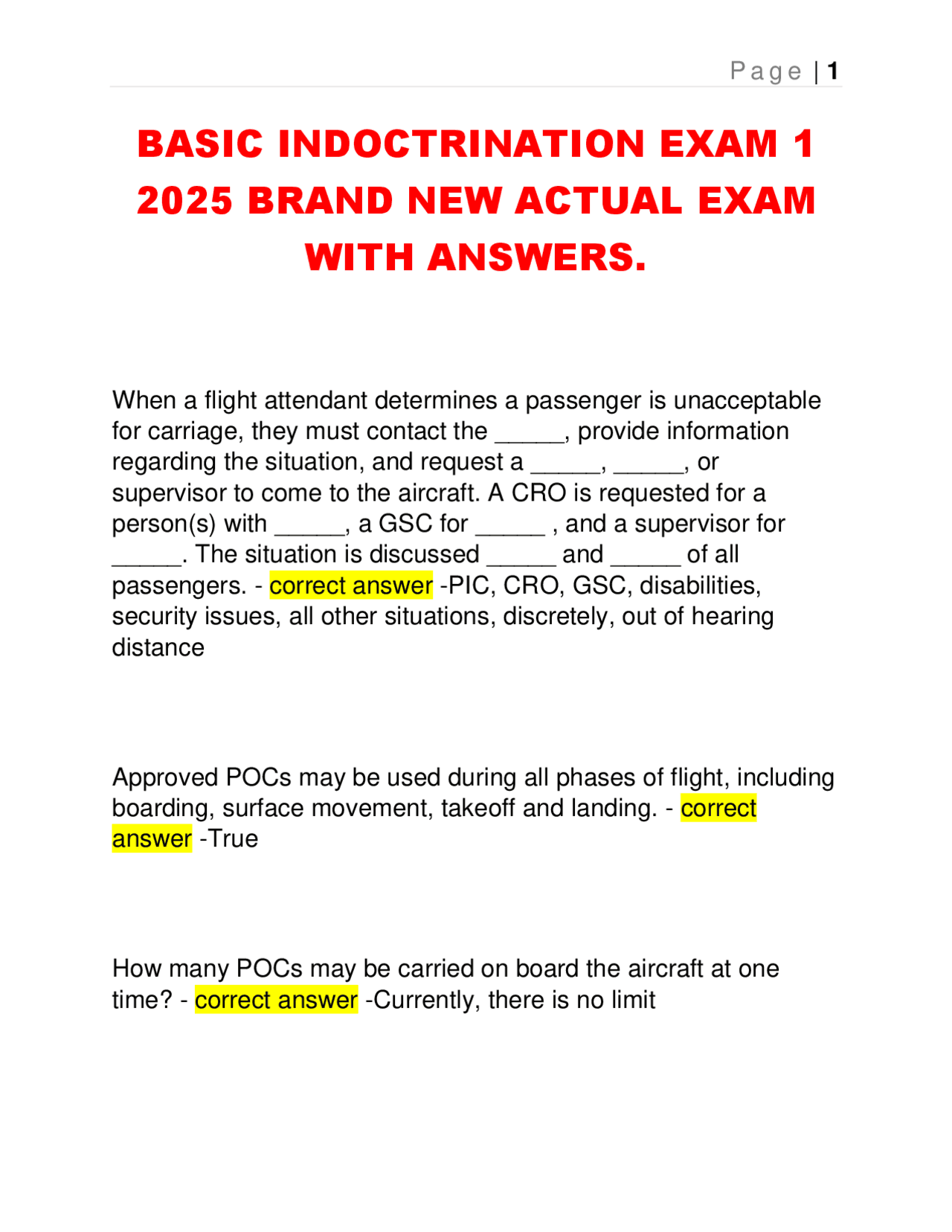 BASIC INDOCTRINATION EXAM 1 2025 BRAND NEW ACTUAL EXAM WITH ANSWERS ...