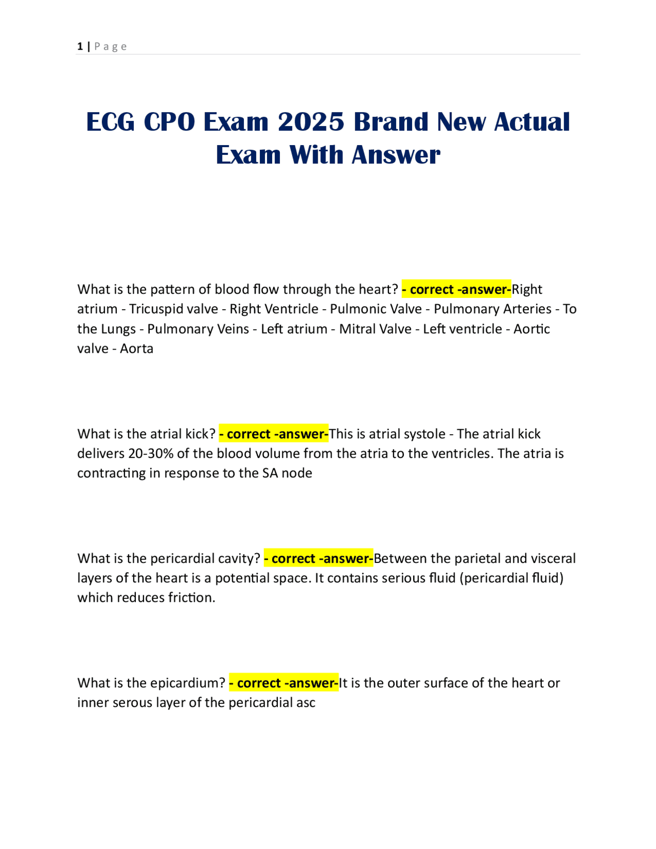 ECG CPO Exam 2025; Brand New Actual Exam With Answers | Exams Nursing | Docsity