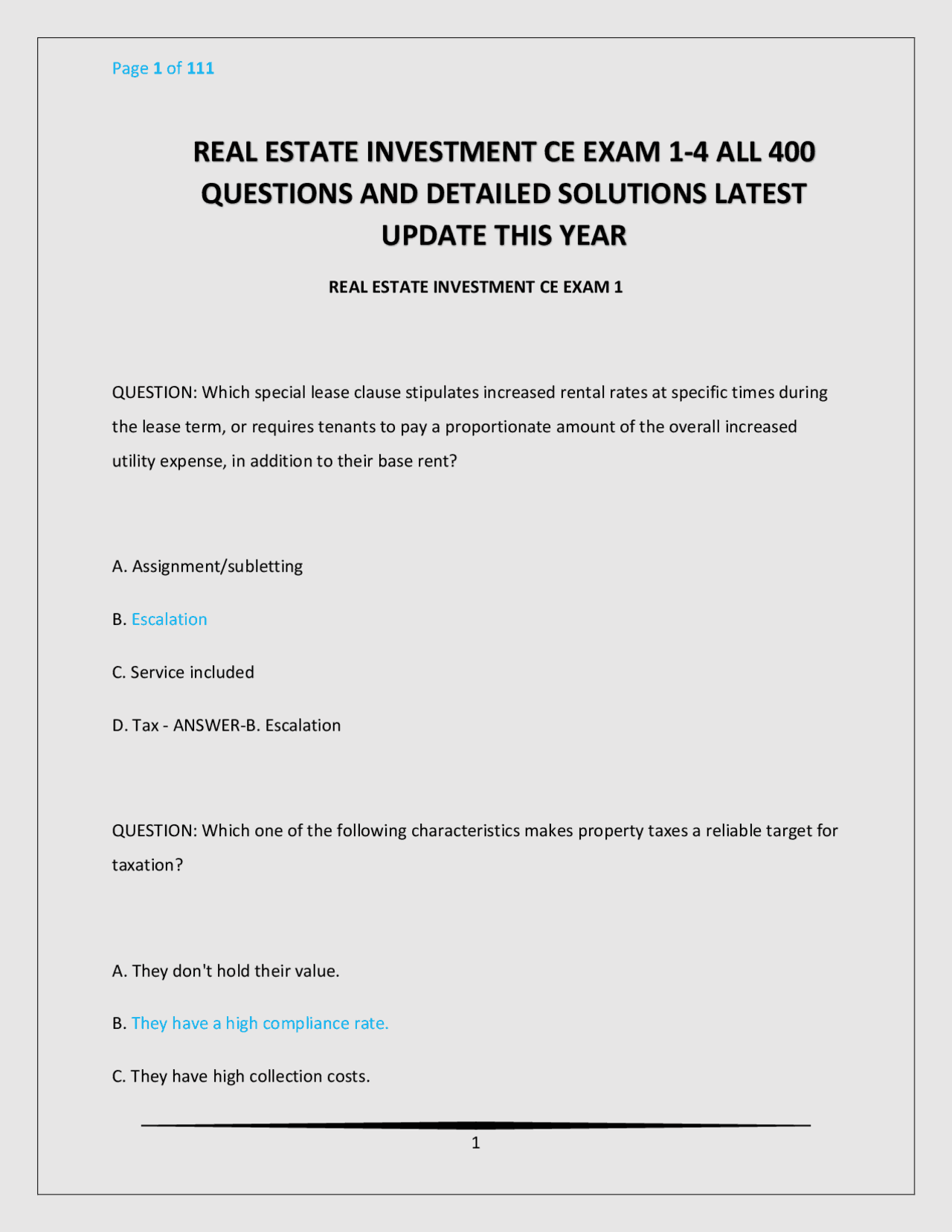 REAL ESTATE INVESTMENT CE EXAM 1-4 ALL 400 QUESTIONS AND DETAILED ...