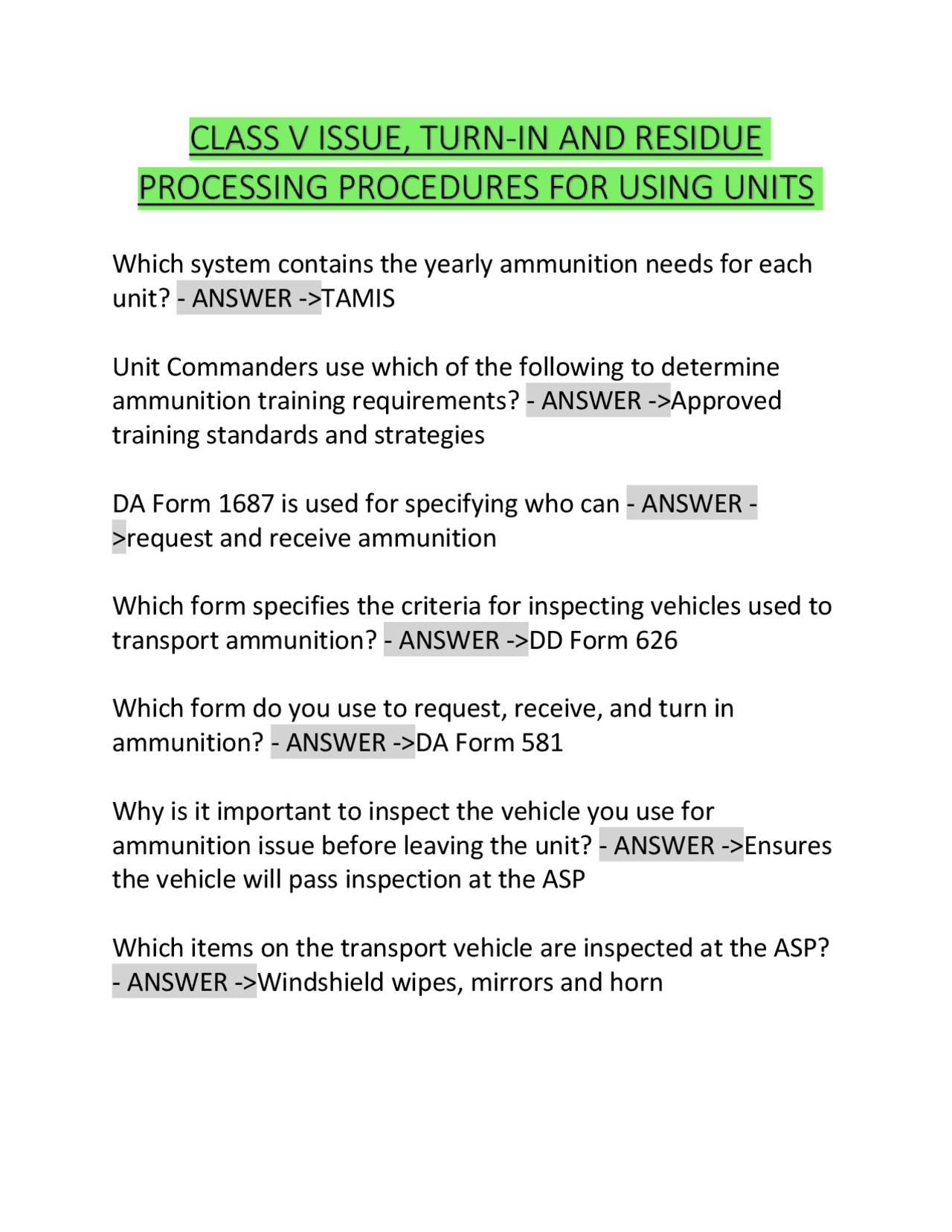 Class V Issue Turn In And Residue Processing Procedures For Using Units Exams Advanced