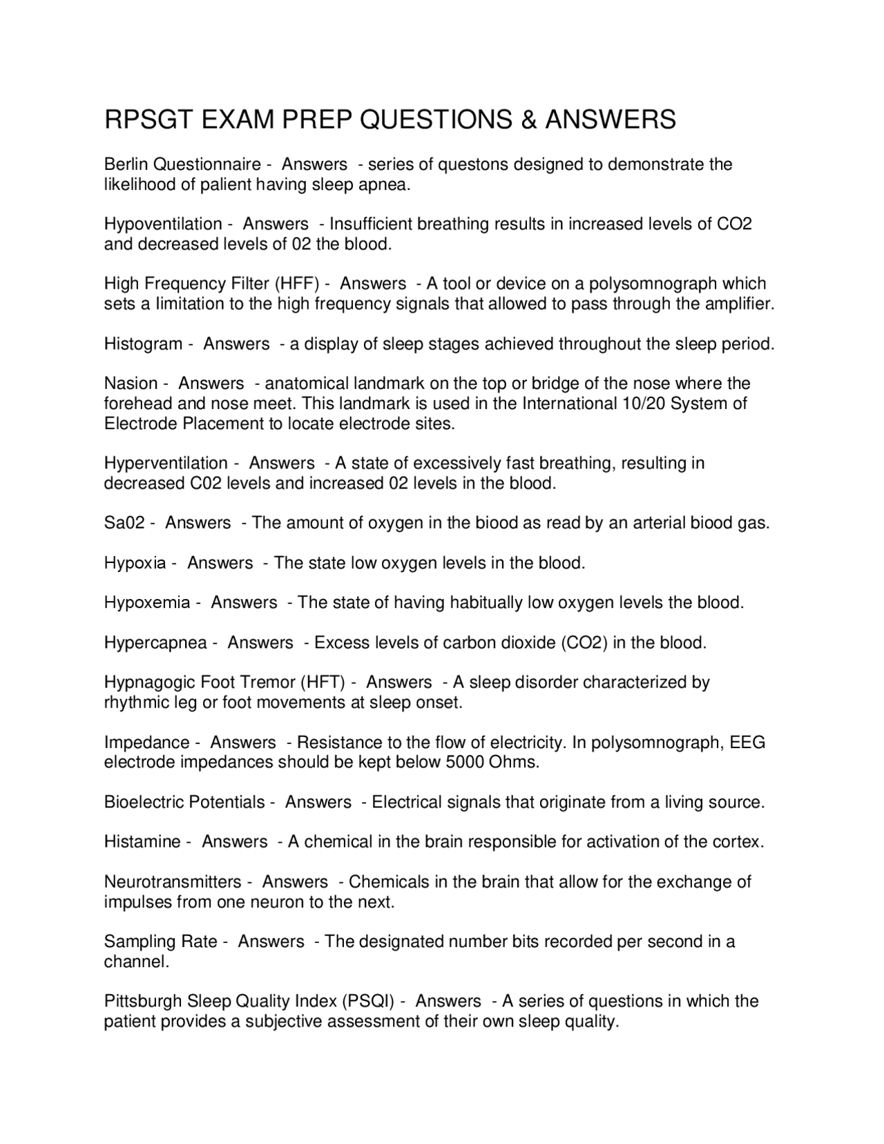 RPSGT EXAM PREP QUESTIONS & ANSWERS | Exams Nursing | Docsity