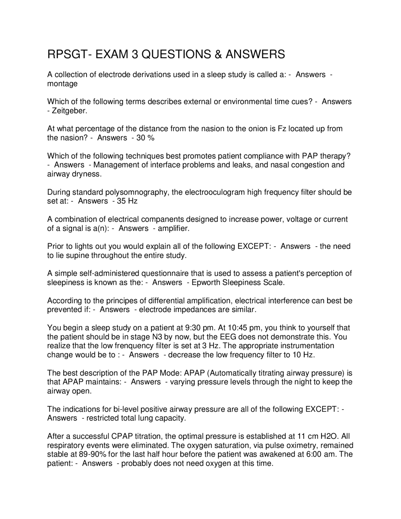 RPSGT- EXAM 3 QUESTIONS & ANSWER | Exams Nursing | Docsity