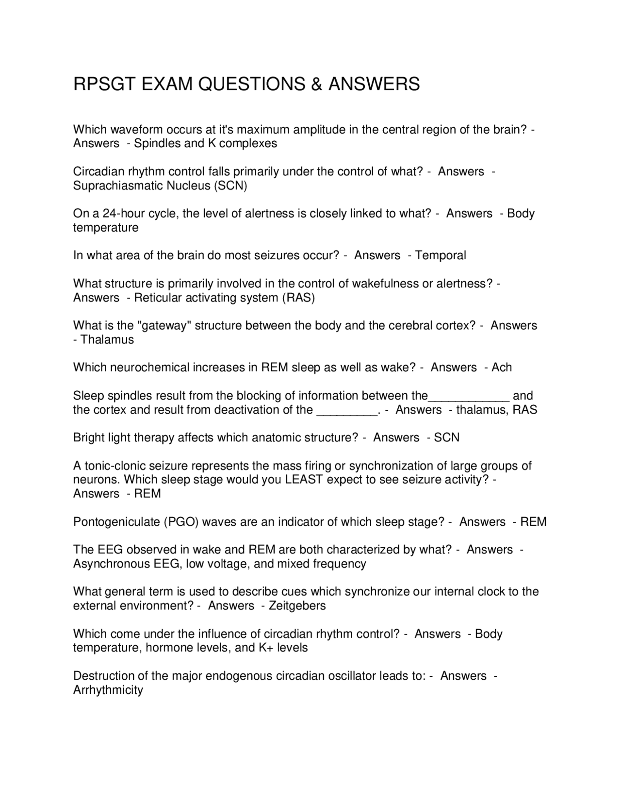 RPSGT EXAM QUESTIONS & ANSWERS | Exams Nursing | Docsity