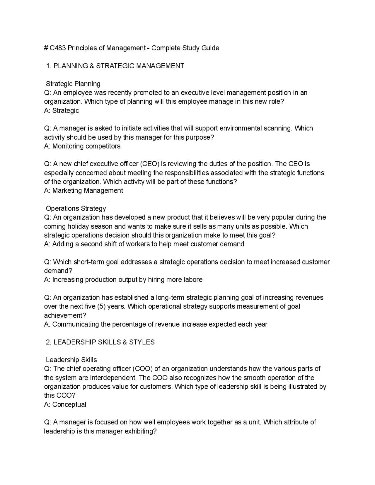 C483 Principles of Management - Exam Study Guide | Exams History of ...