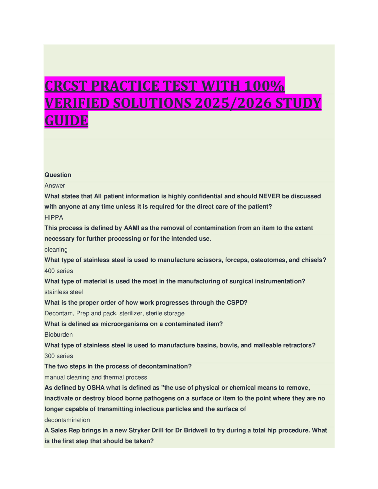 CRCST PRACTICE TEST WITH 100% VERIFIED SOLUTIONS 2025/2026 STUDY GUIDE ...