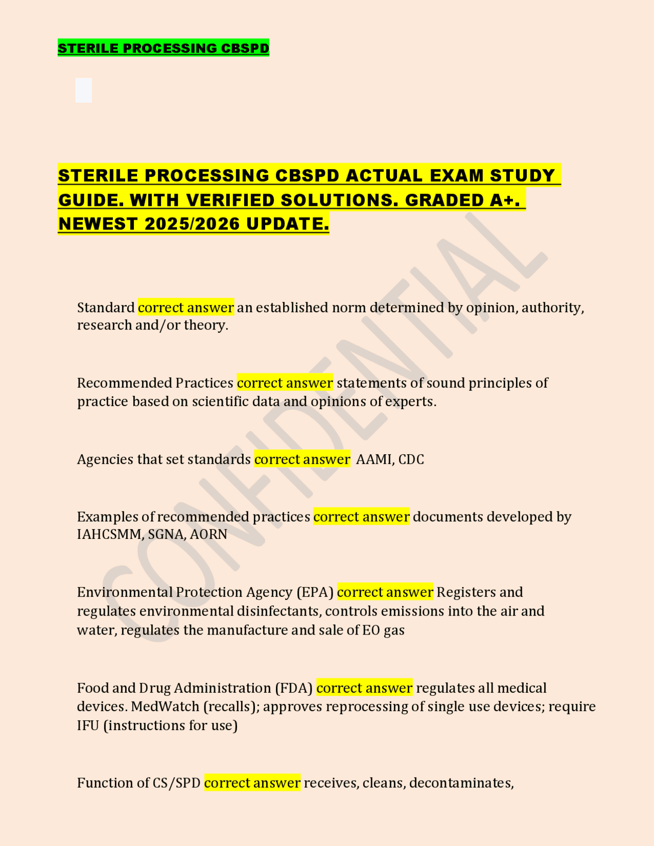 STERILE PROCESSING CBSPD STERILE PROCESSING CBSPD ACTUAL EXAM STUDY ...