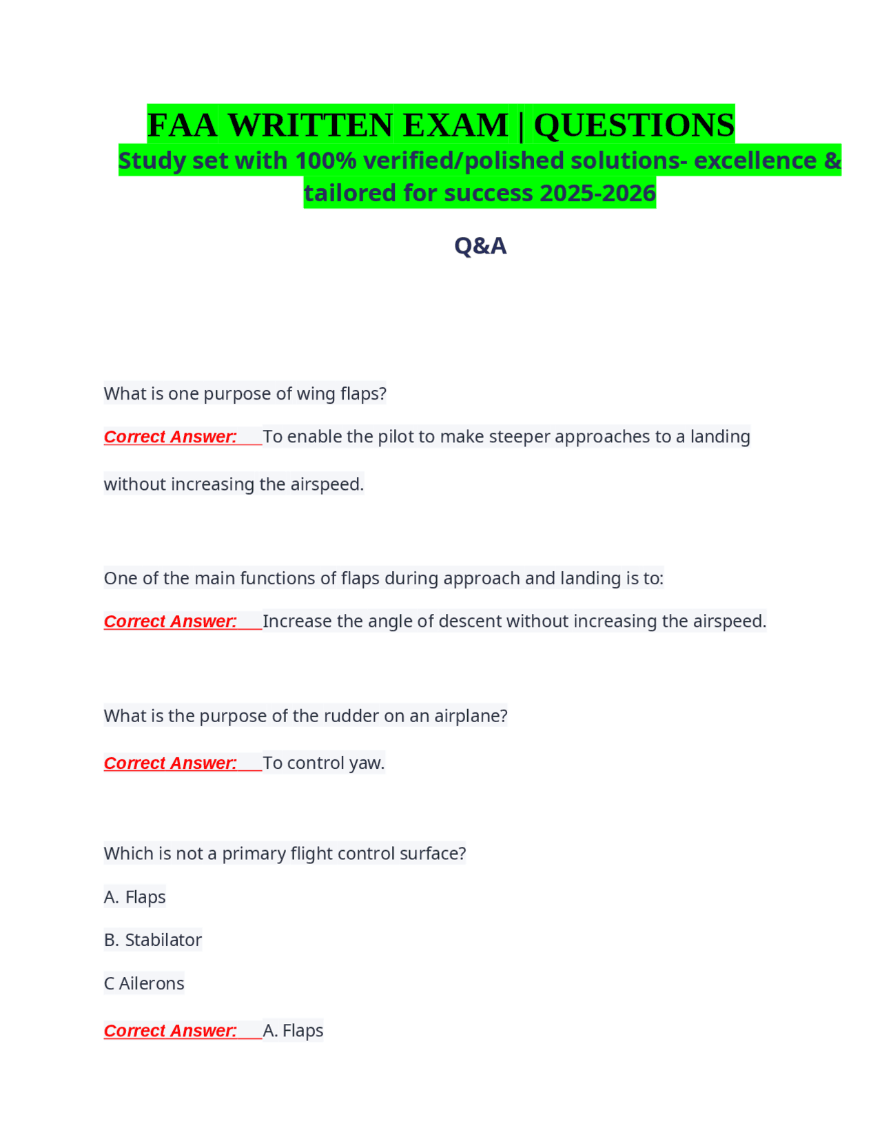 FAA WRITTEN EXAM | QUESTIONS Study set with 100% verified/polished ...