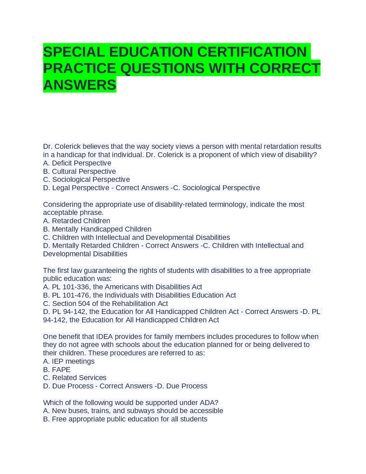 Special Education Certification: Practice Questions and Answers | Exams ...
