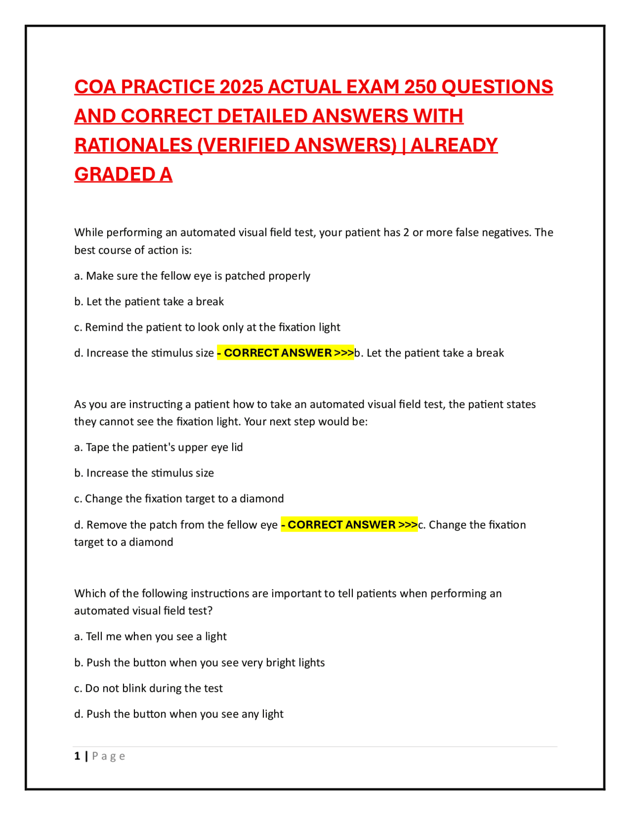 COA PRACTICE 2025 ACTUAL EXAM 250 QUESTIONS AND CORRECT DETAILED ...
