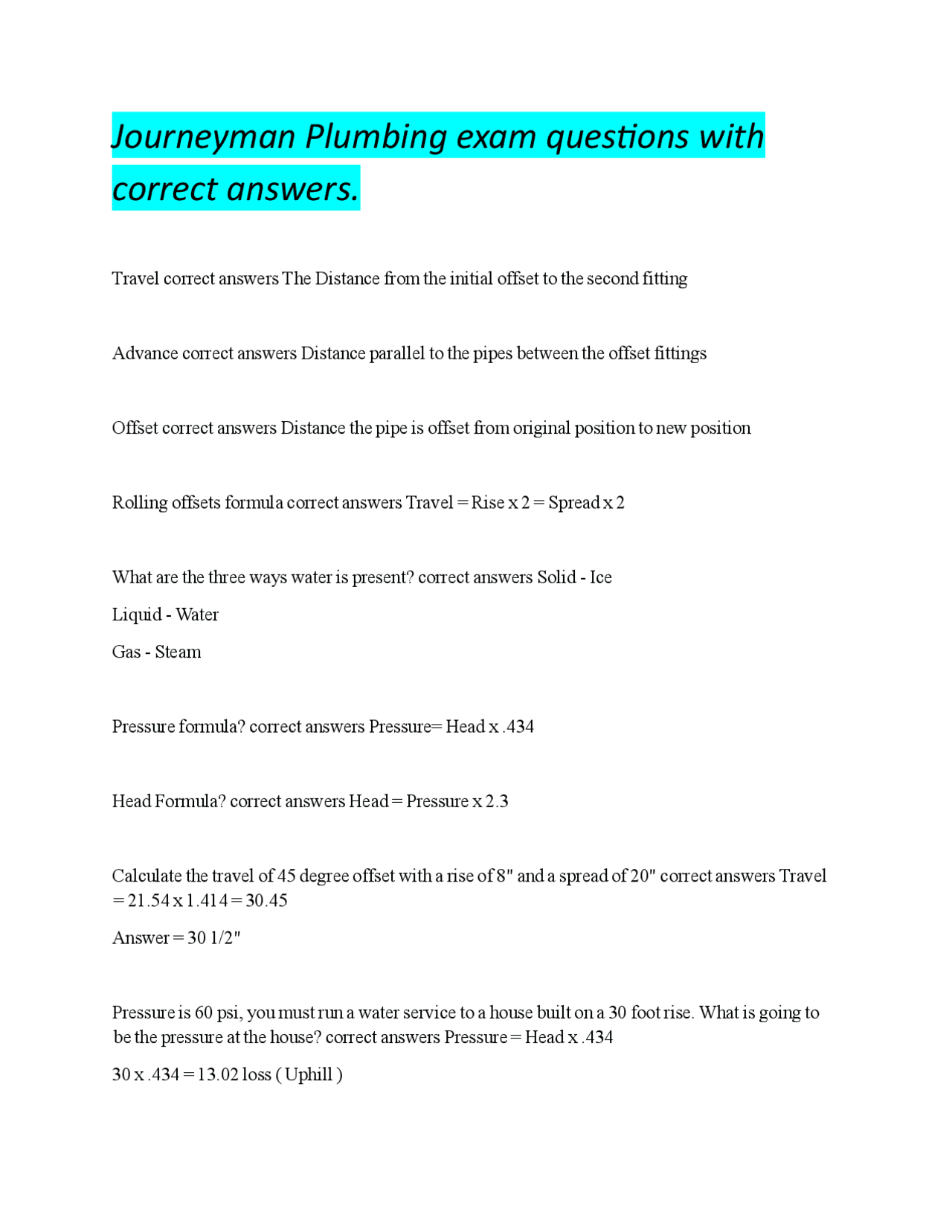Journeyman Plumbing exam questions with correct answers. | Exams ...