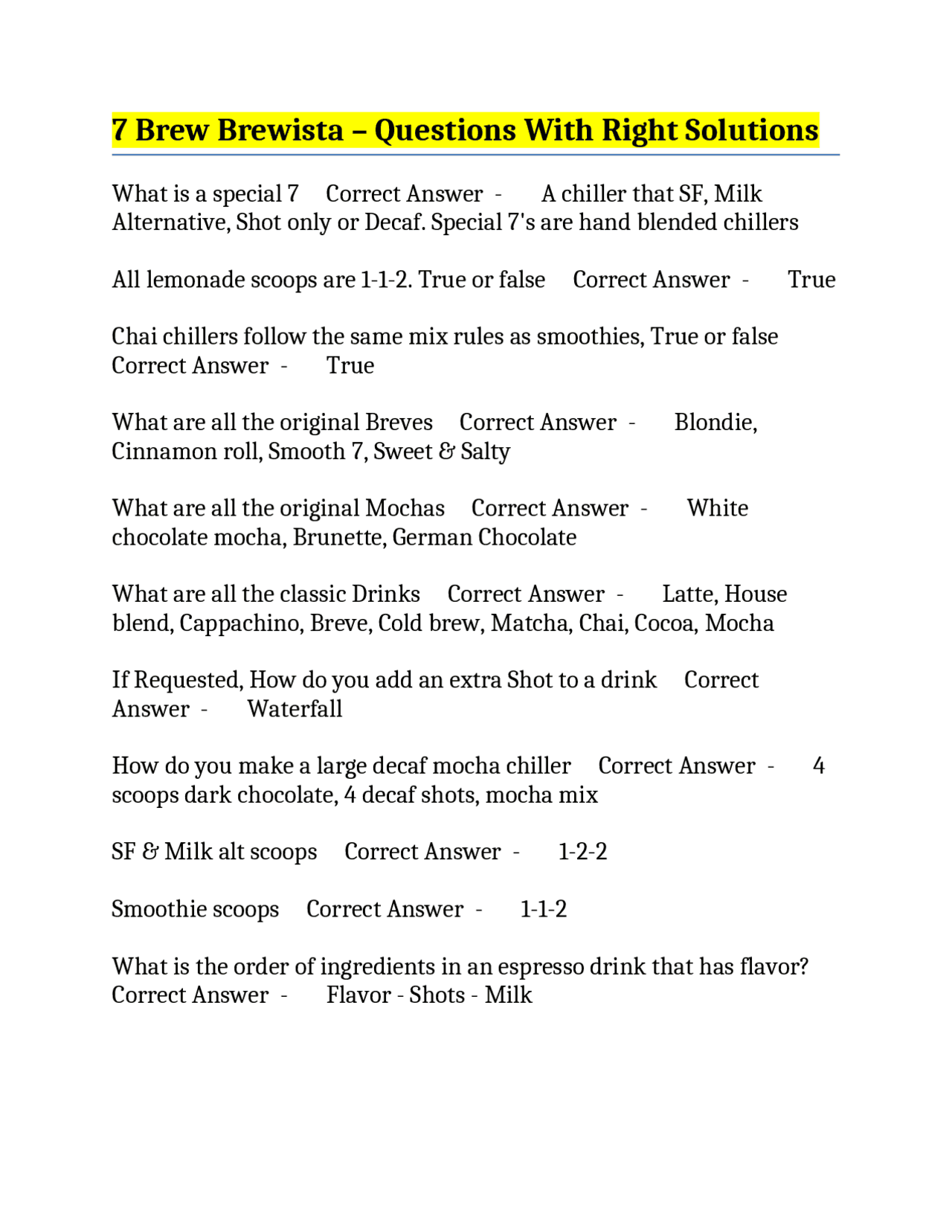 7 Brew Brewista – Questions With Right Solutions | Exams Nursing | Docsity