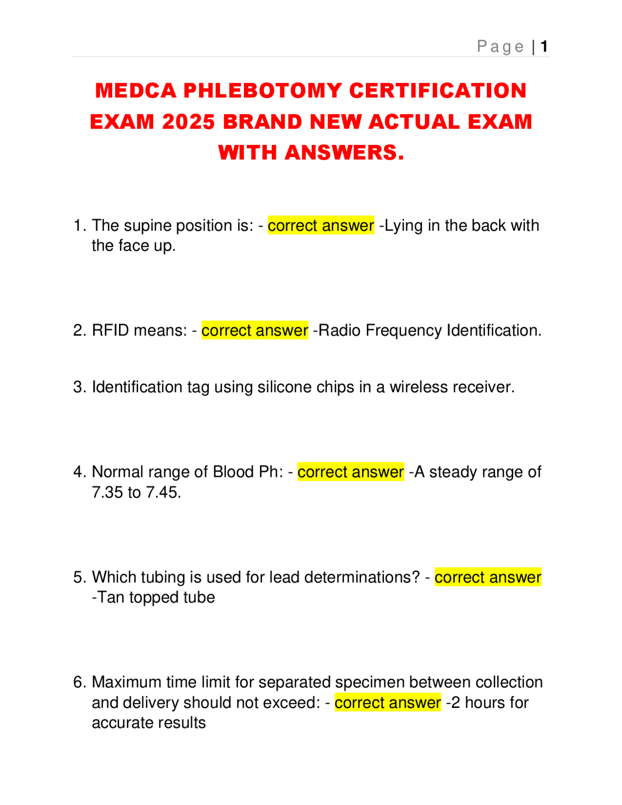 MedCA Phlebotomy Certification Exam 2025: Q&A Study Guide | Exams ...