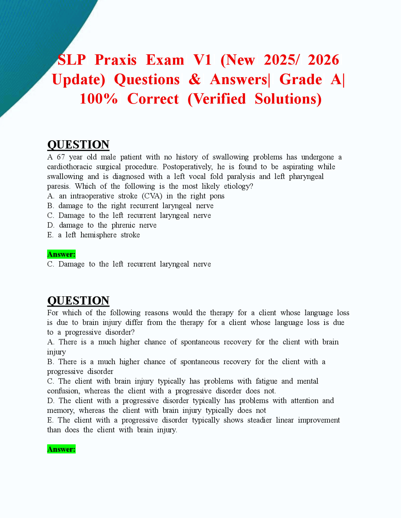 SLP Praxis Exam V1 (New 2025/ 2026 Update) Questions & Answers| Grade A ...