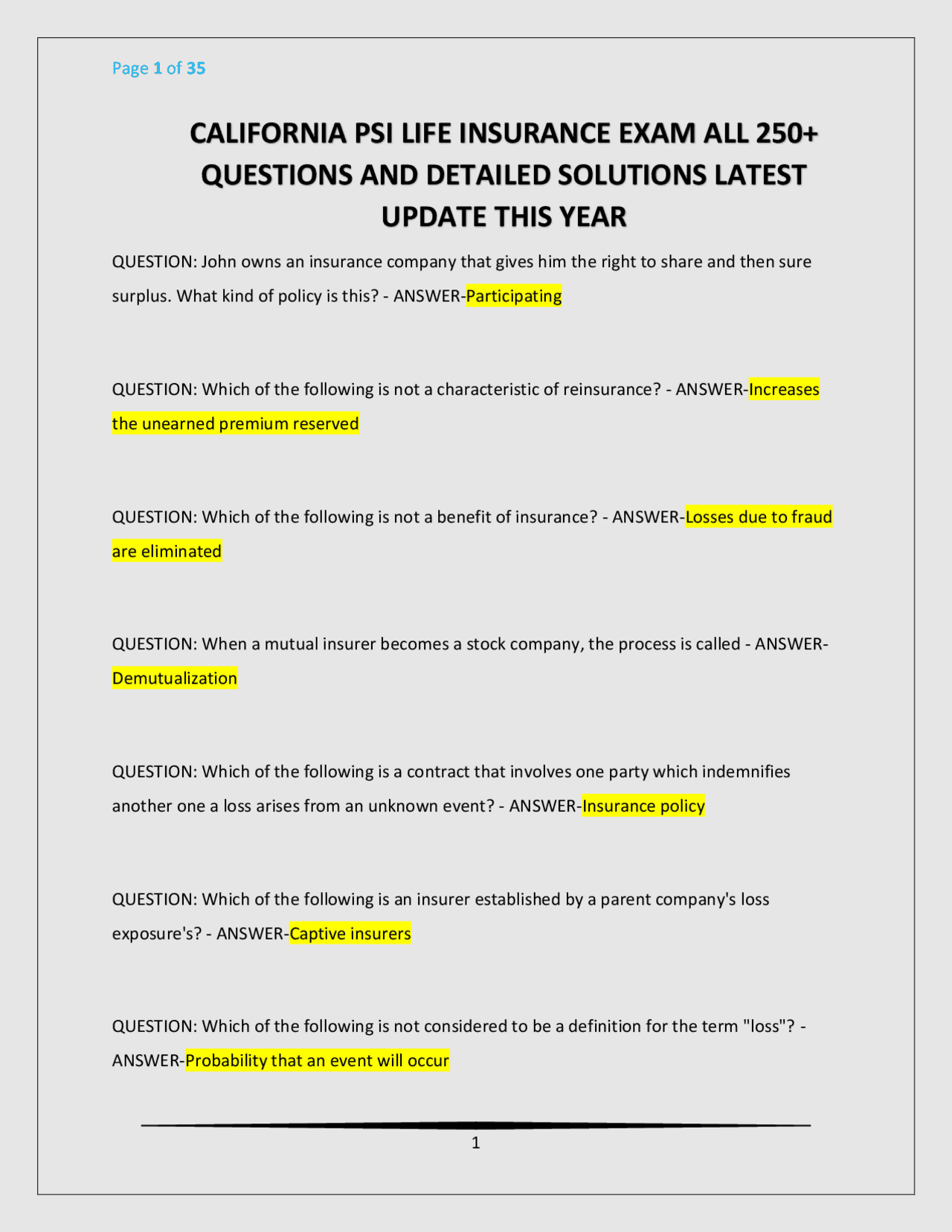 CALIFORNIA PSI LIFE INSURANCE EXAM ALL 250+ QUESTIONS AND DETAILED ...