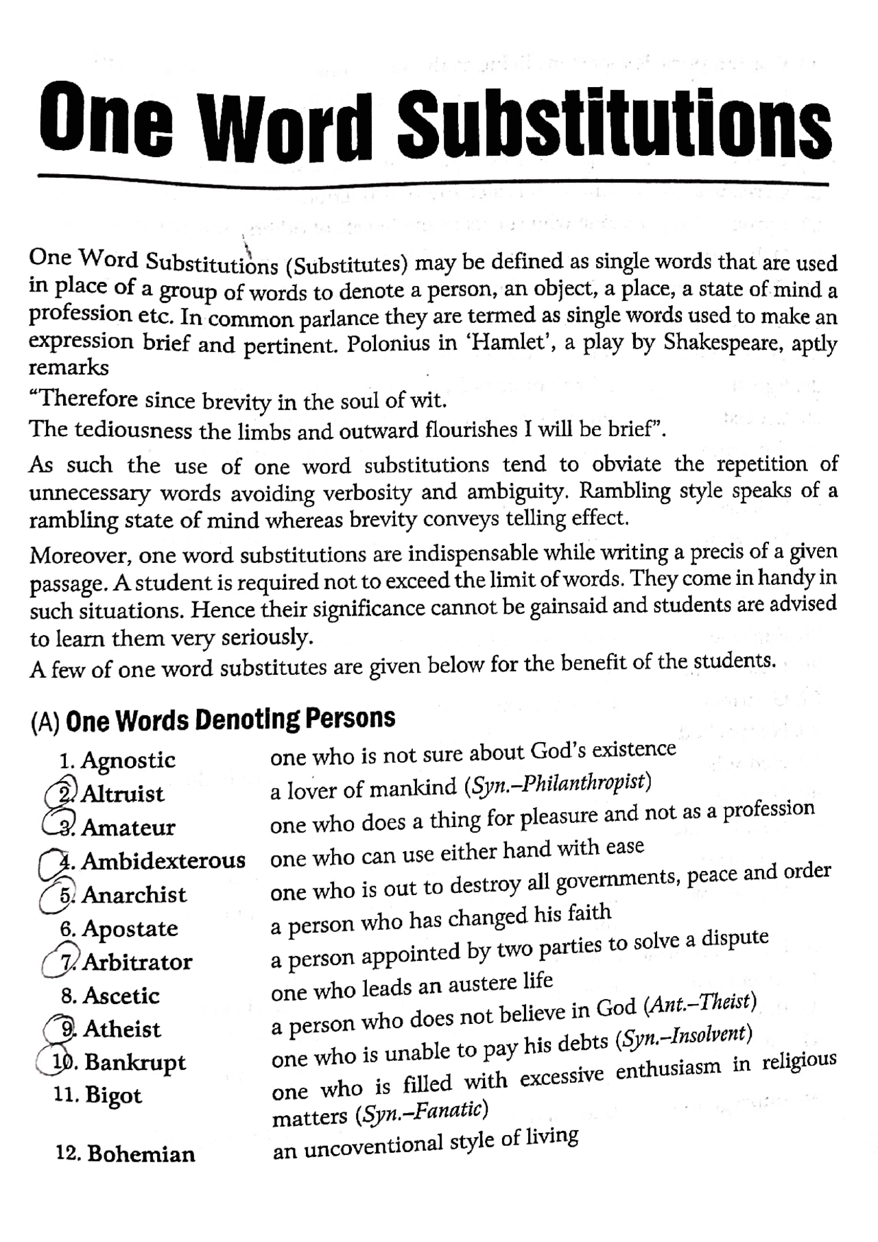 One word substitution | Cheat Sheet English | Docsity