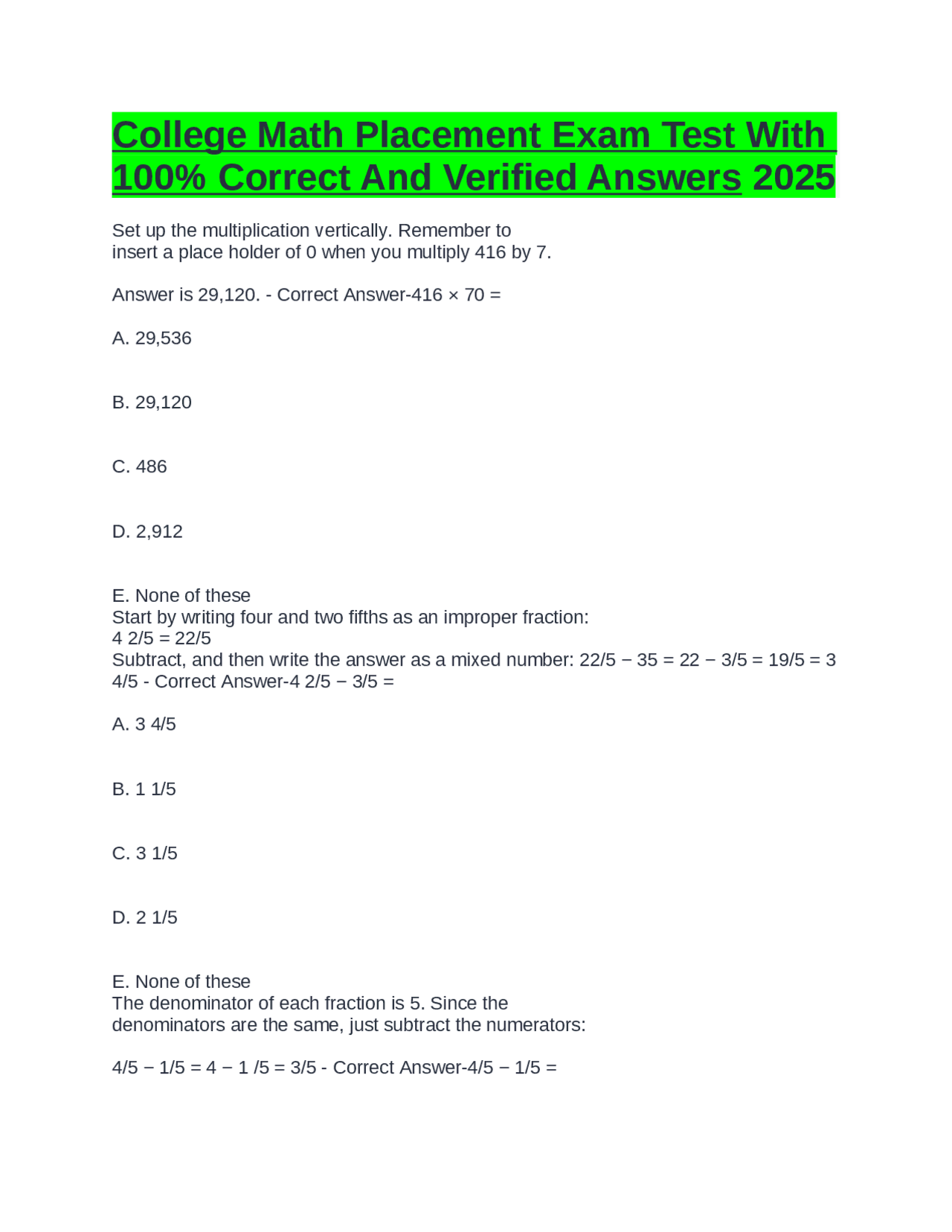 College Math Placement Exam Test With 100% Correct And Verified Answers ...