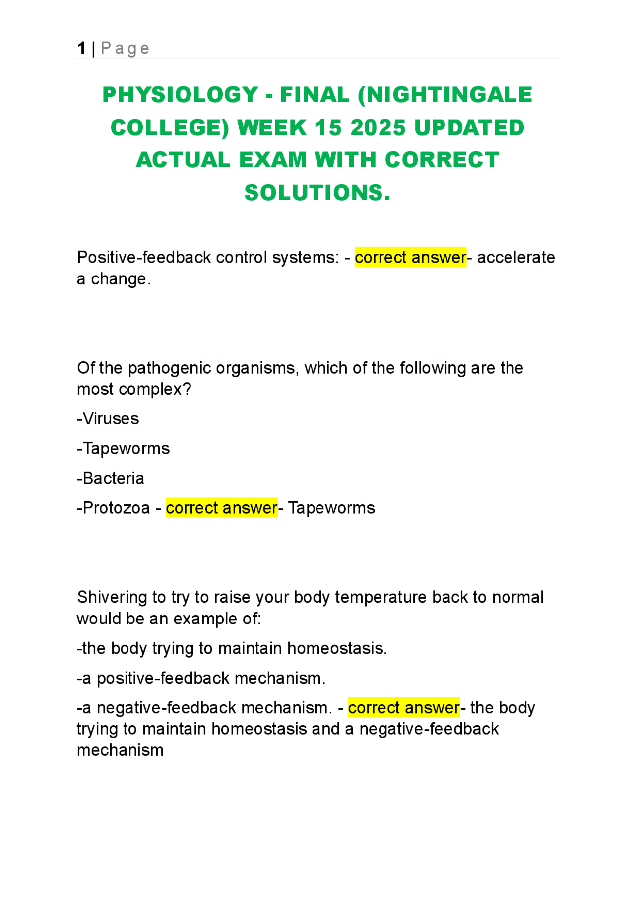 PHYSIOLOGY - FINAL (NIGHTINGALE COLLEGE) WEEK 15 2025 UPDATED ACTUAL ...