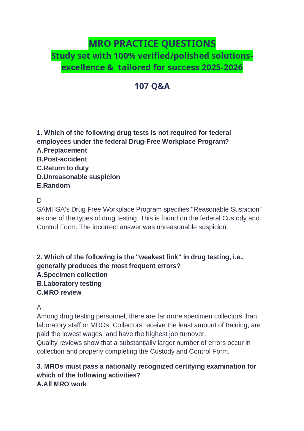MRO PRACTICE QUESTIONS Study set with 100% verified/polished solutions ...