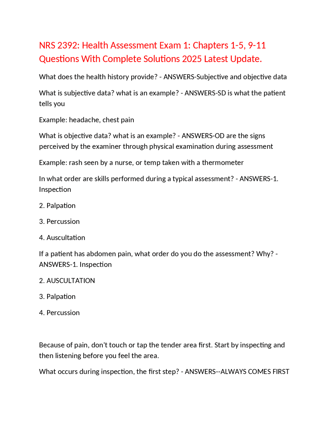 NRS 2392 Health Assessment Exam 1 Chapters 1-5, 9-11 Questions With Complete Solutions 202 ...