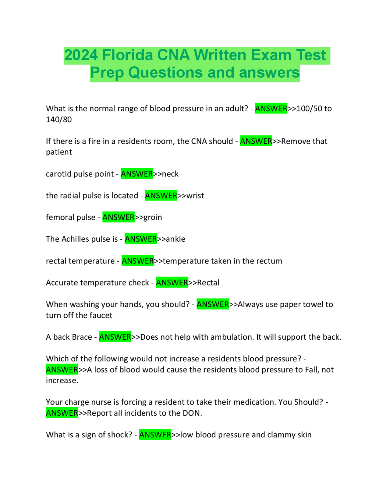 2025 Florida CNA Written Exam Test Prep Questions and answers. | Exams ...