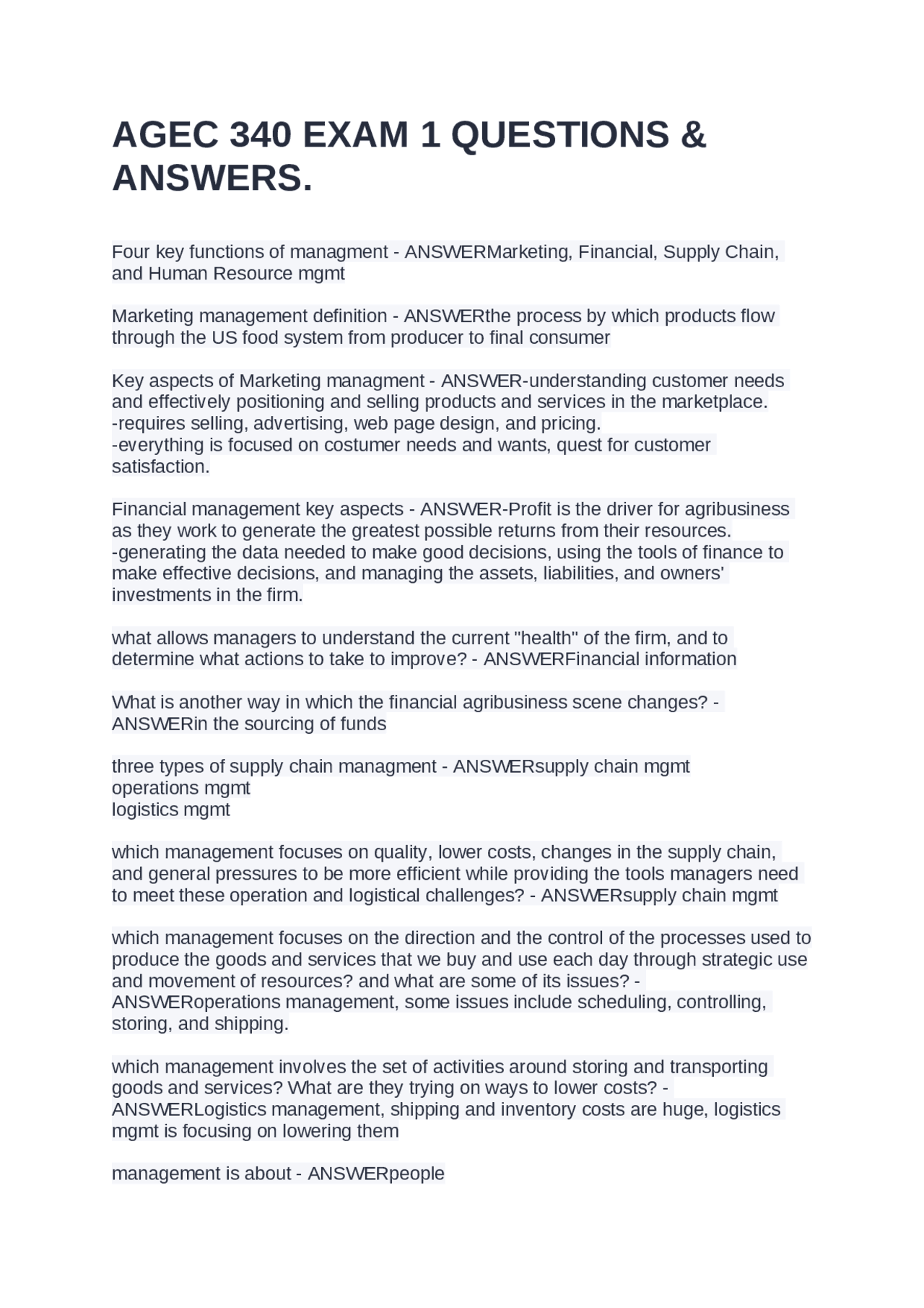 AGEC 340 EXAM 1 QUESTIONS & ANSWERS. | Exams Business Economics | Docsity