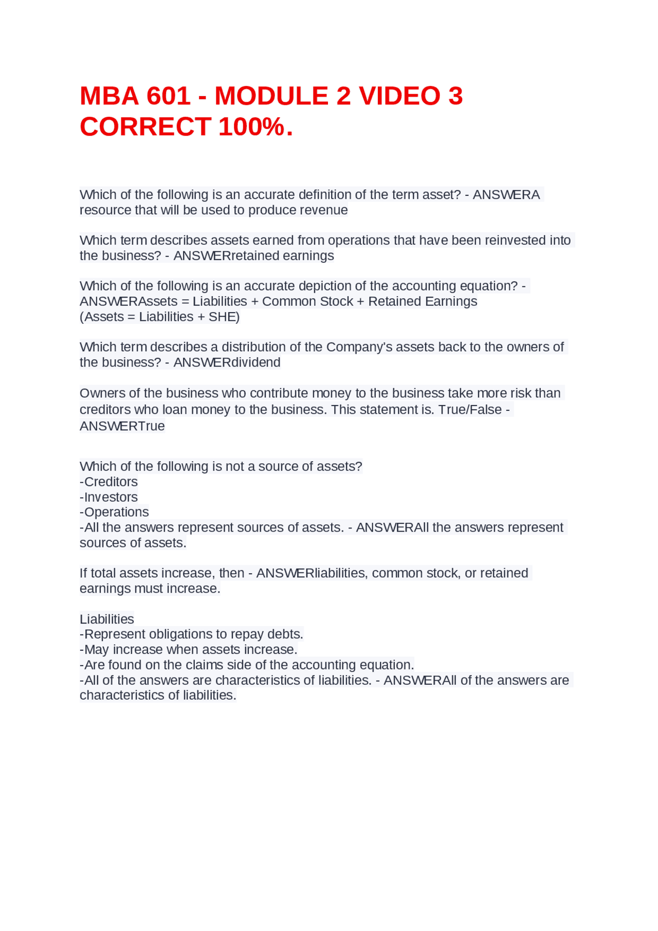 MBA 601 - MODULE 2 VIDEO 3 CORRECT 100%. | Exams Business Economics ...