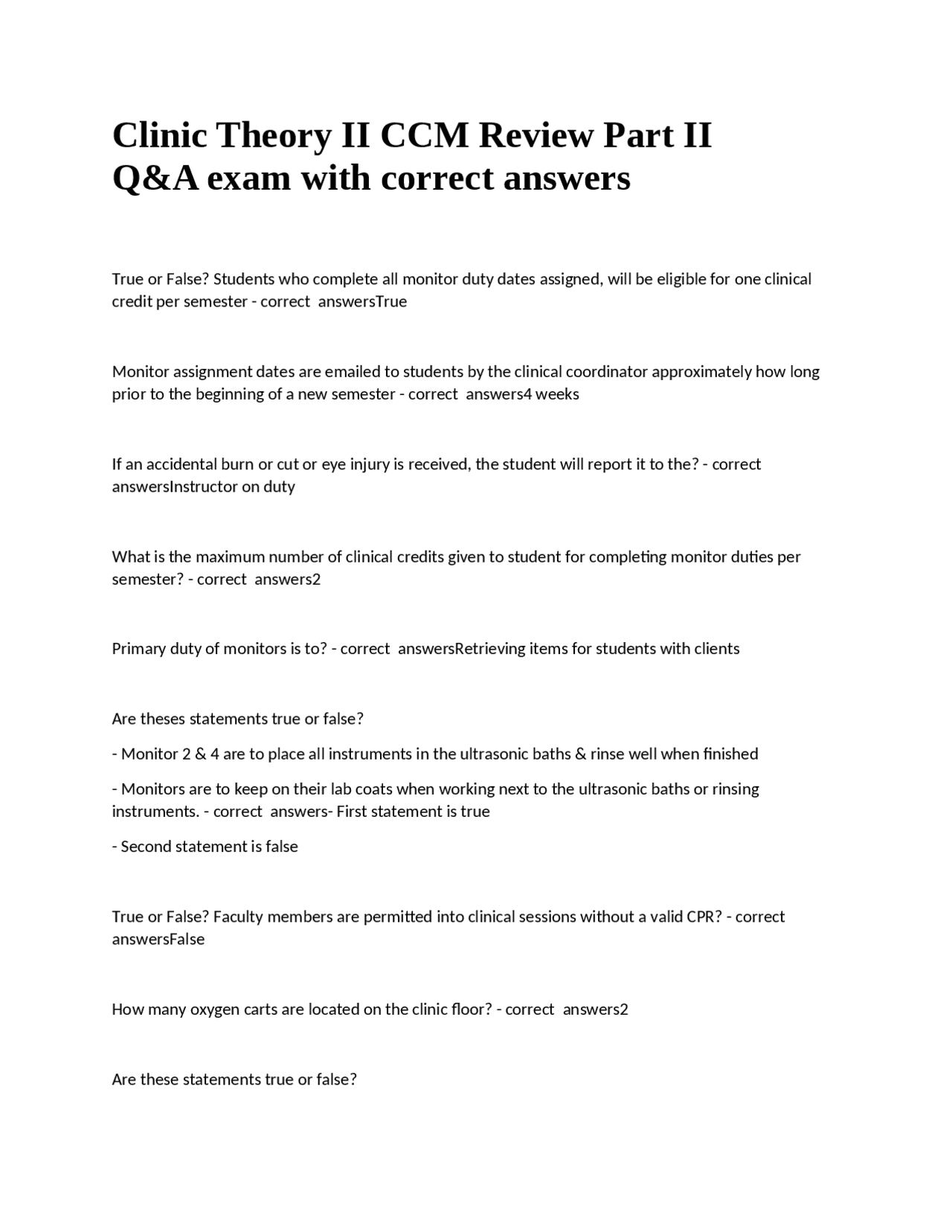 Clinic Theory II CCM Review Part II Q&A exam with correct answers ...