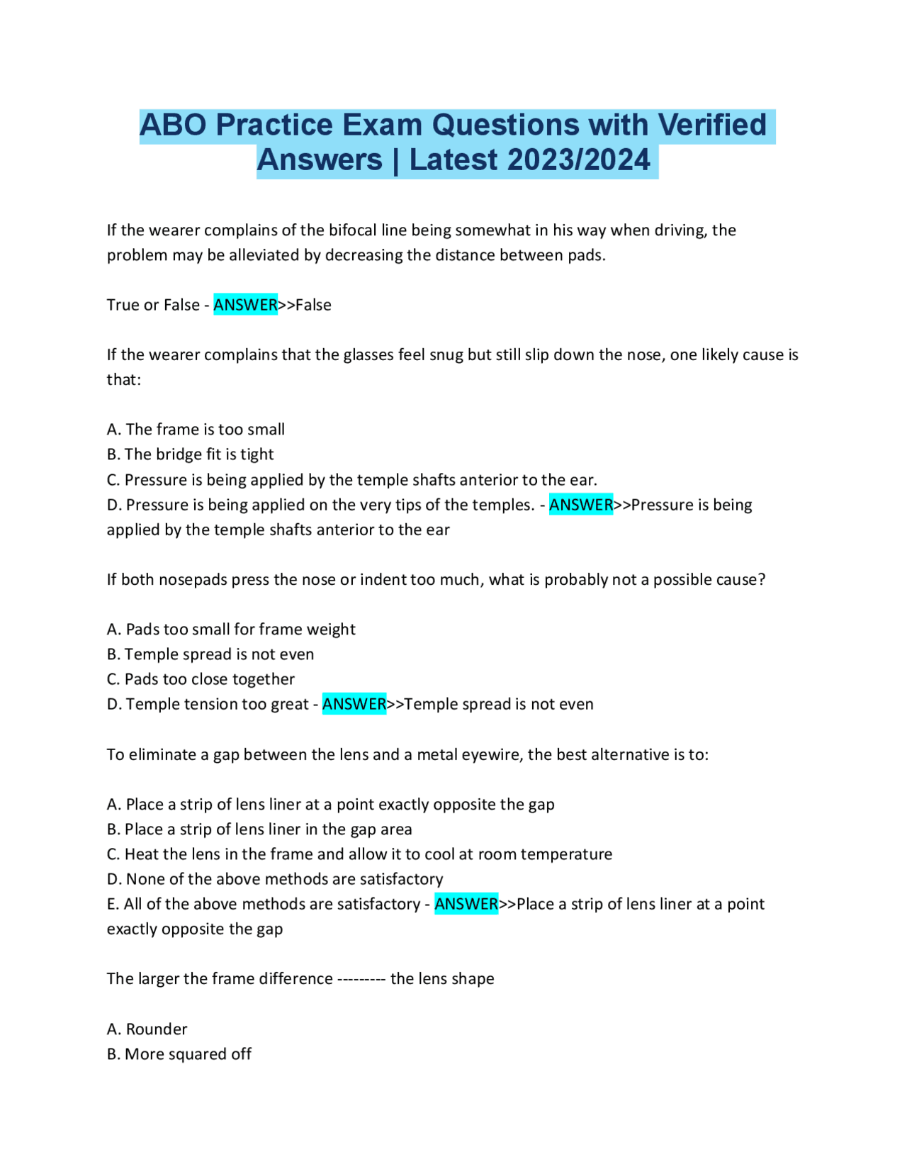 ABO Practice Exam 2025 Questions with Well Verified Answers. | Exams ...
